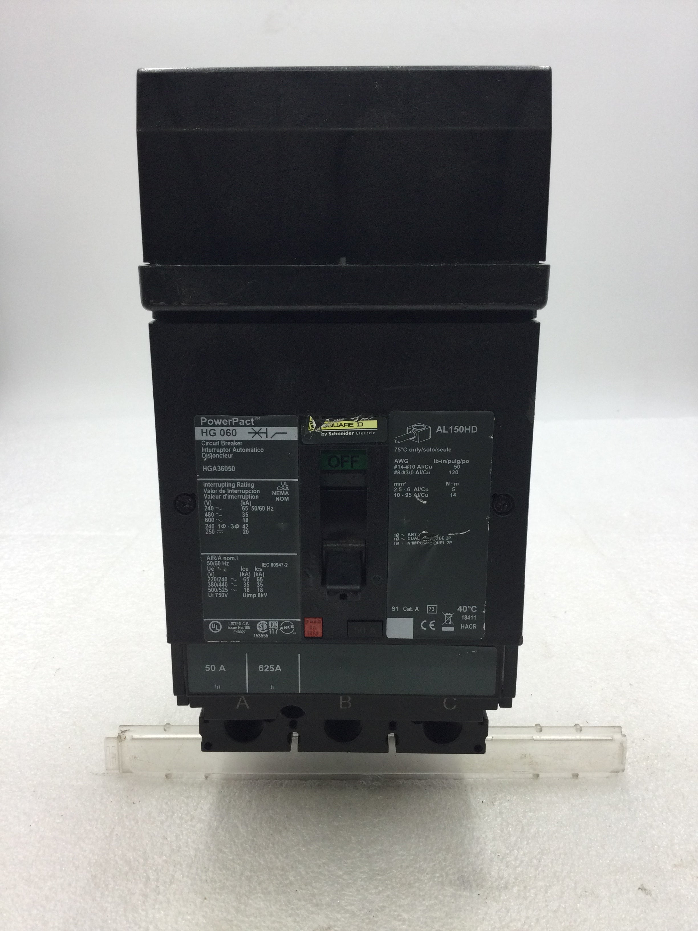 Square D HGA36050 50 Amp 600 VAC 3 Pole Powerpact I-Line Circuit Break
