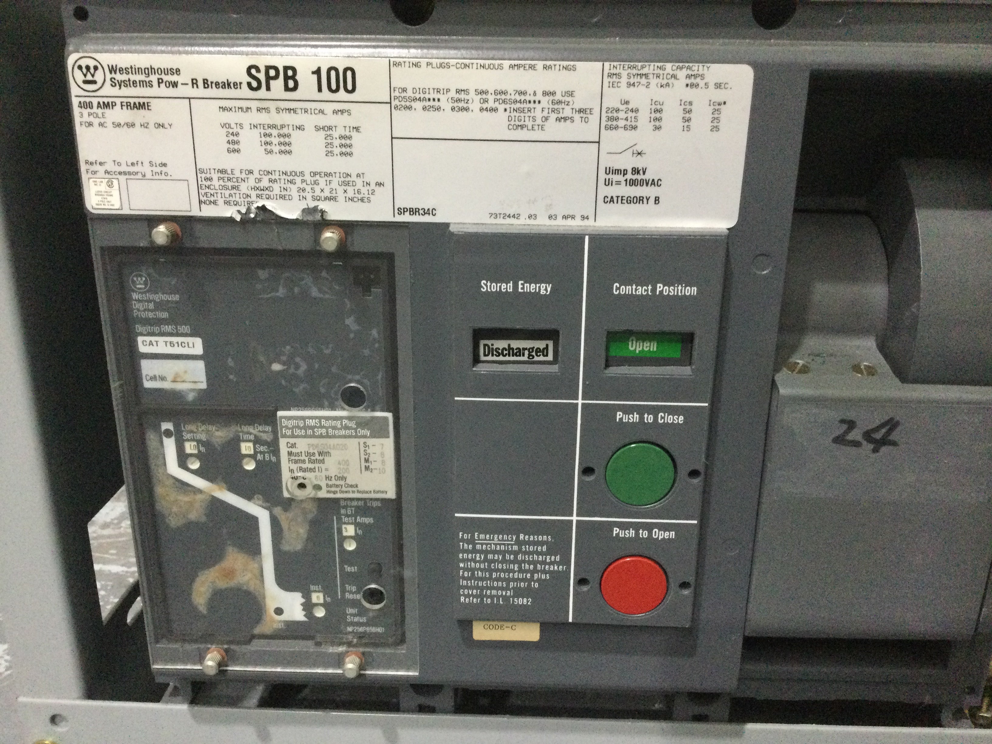 Westinghouse SPB100 400 Amp 3 Pole 600V Pow-R Circuit Breaker