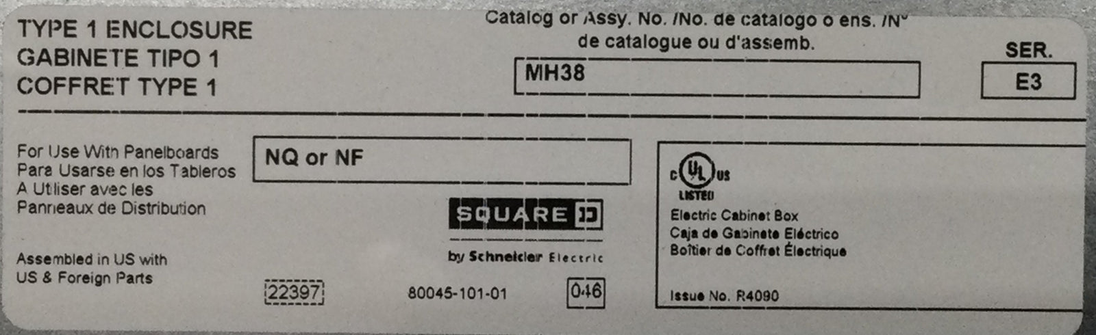 Square D MH38 Type 1 Panelboard Enclosure/Box - for use with NQ and NF