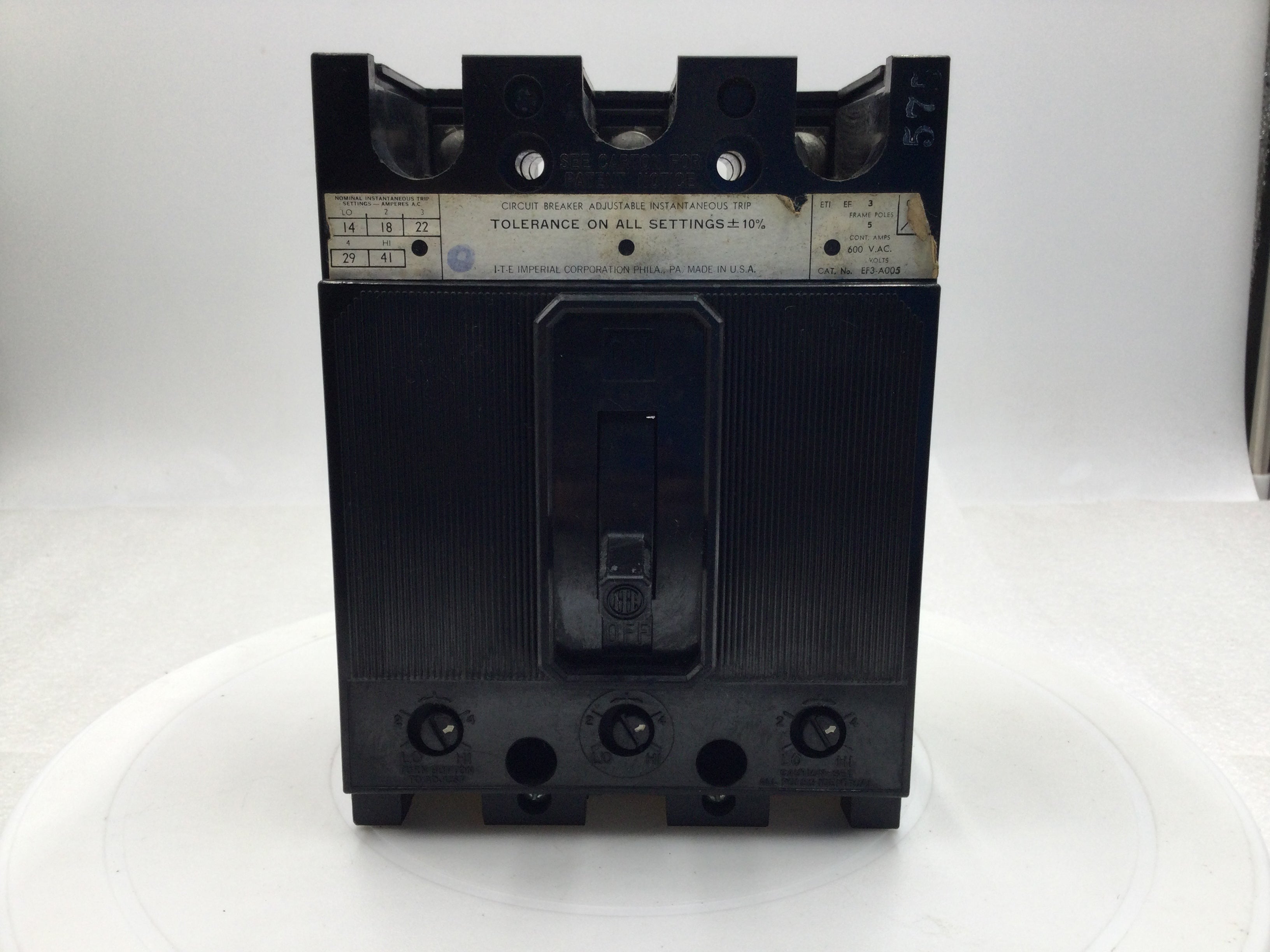ITE EF3-A005 5 Amp 3 Pole 600V Type EF Circuit Breaker - Cosmetic Flaw