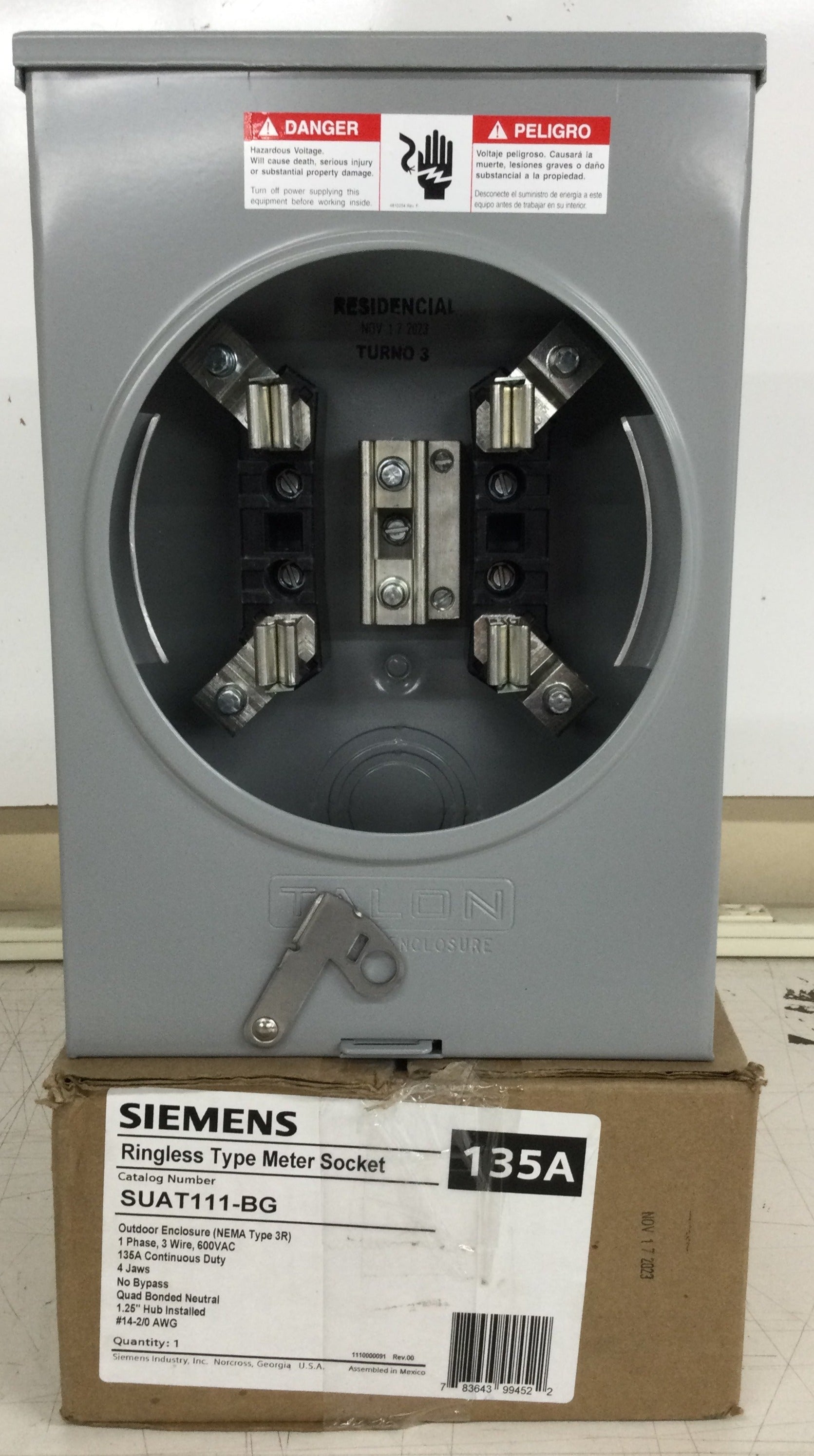 Siemens SUAT111-BG Ringless Type Meter Socket, 135 Amp 600V