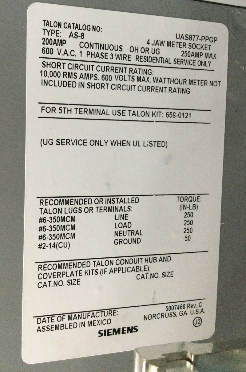 Siemens Talon UAS877-PPGP 200 A Ringless Type Outdoor NEMA 3R Meter So