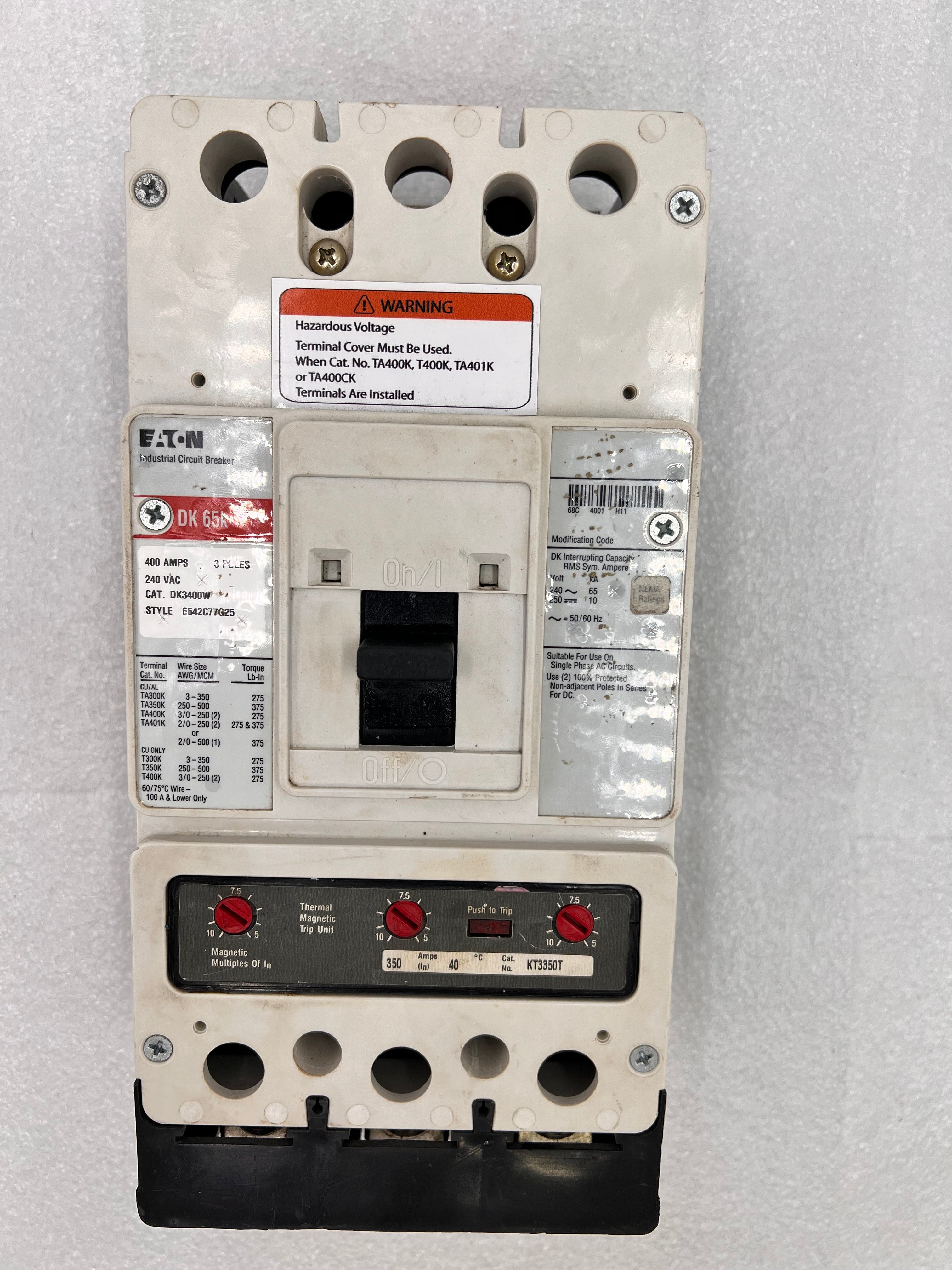 Eaton/Cutler-Hammer DK3400W 3 Pole 400 Amp Trip KT3350T DK 65k Circuit