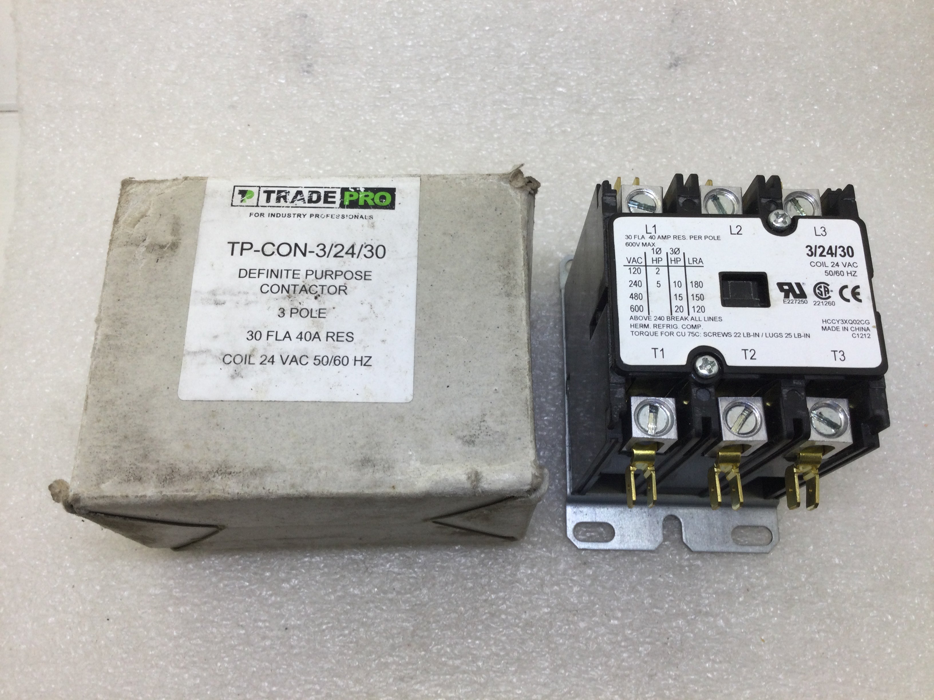 TradePro TP-CON-3/24/30 3 Pole 30 Amp Coil 24Vac Definite Purpose Cont