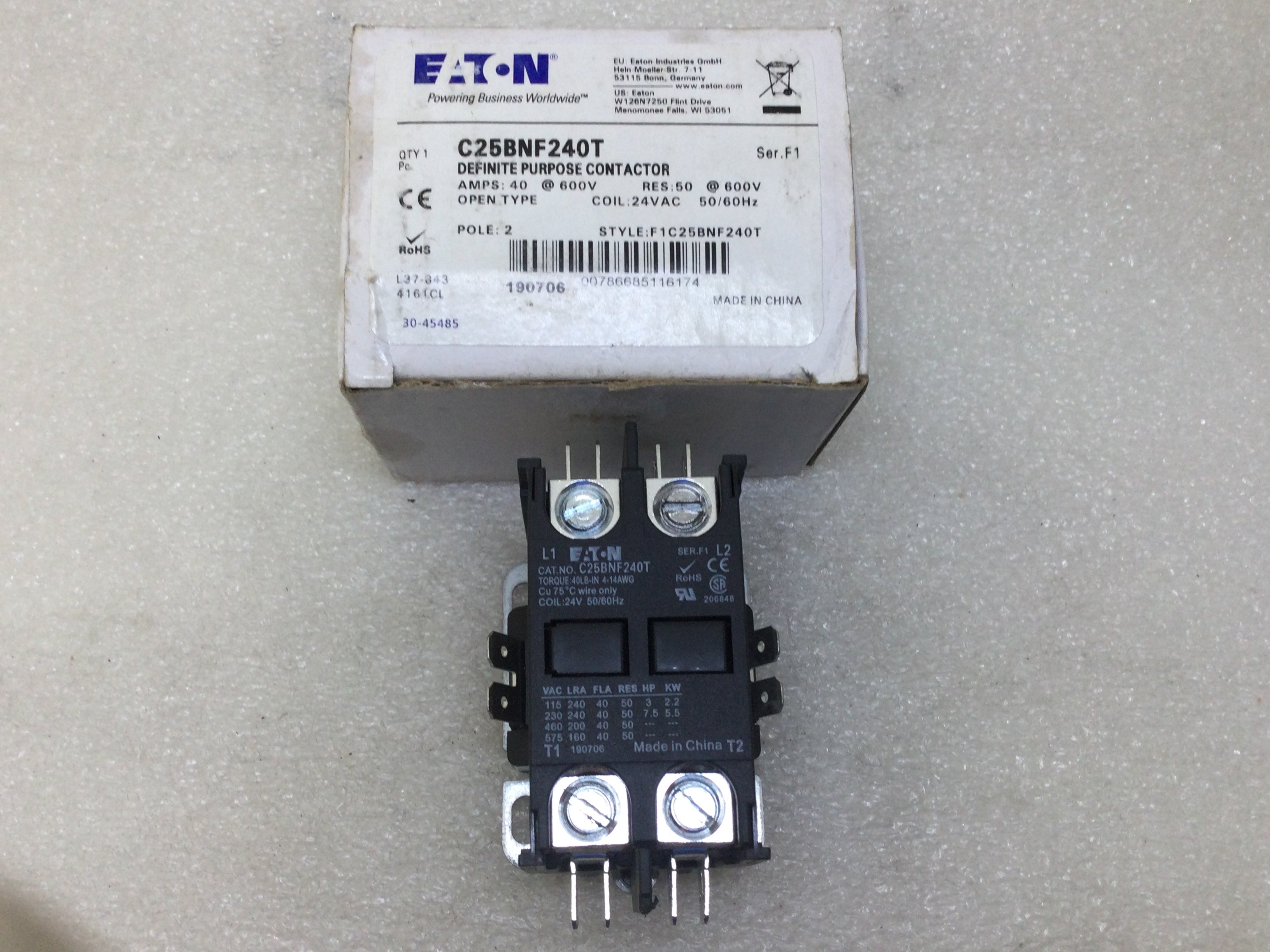 Eaton C25BNF240T 40 Amp 2 Pole 115-575V Definite Purpose Contactor Coi