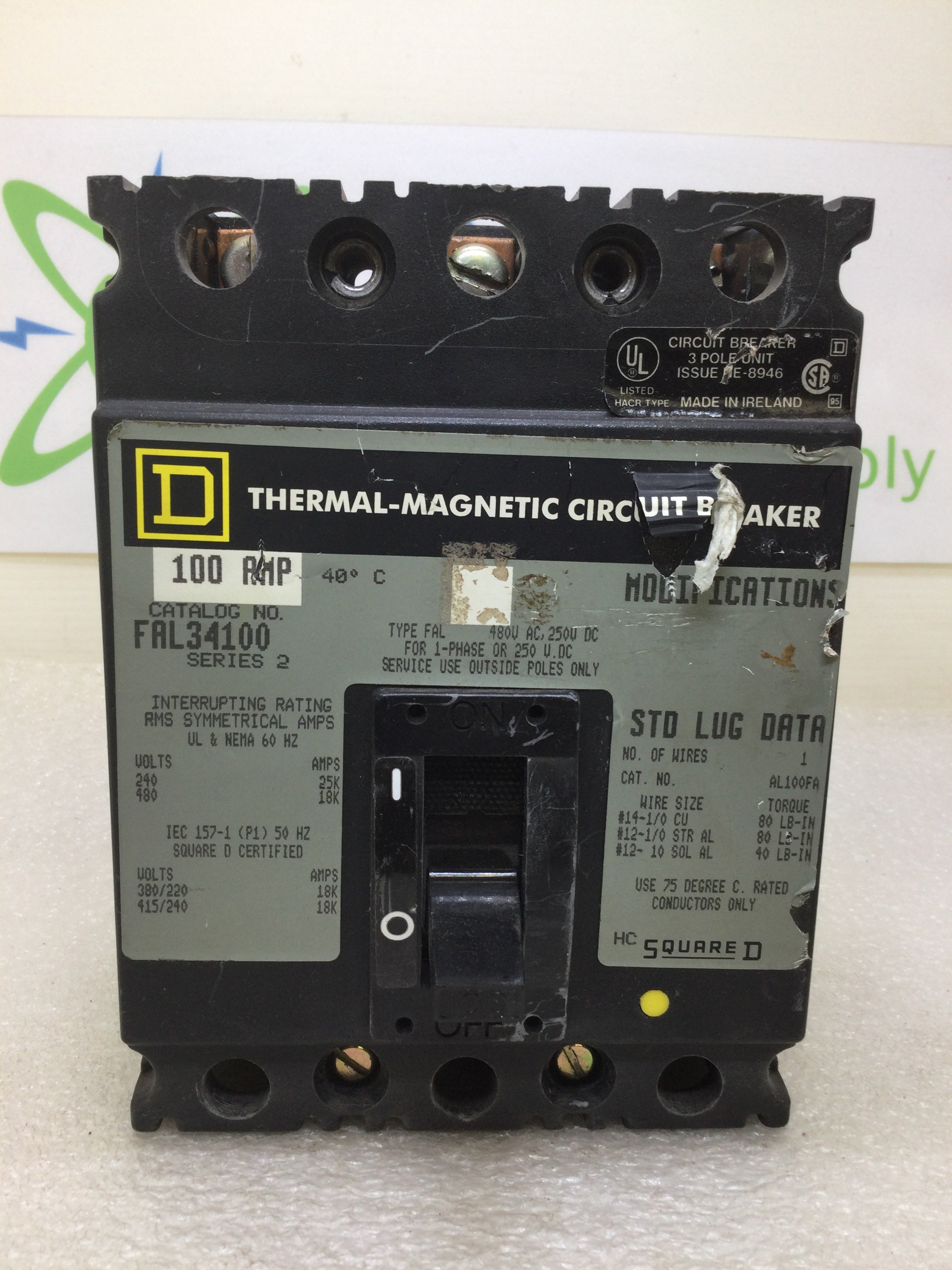 Square D FAL34100 100 Amp 3 Pole 480V Type FAL Circuit Breaker