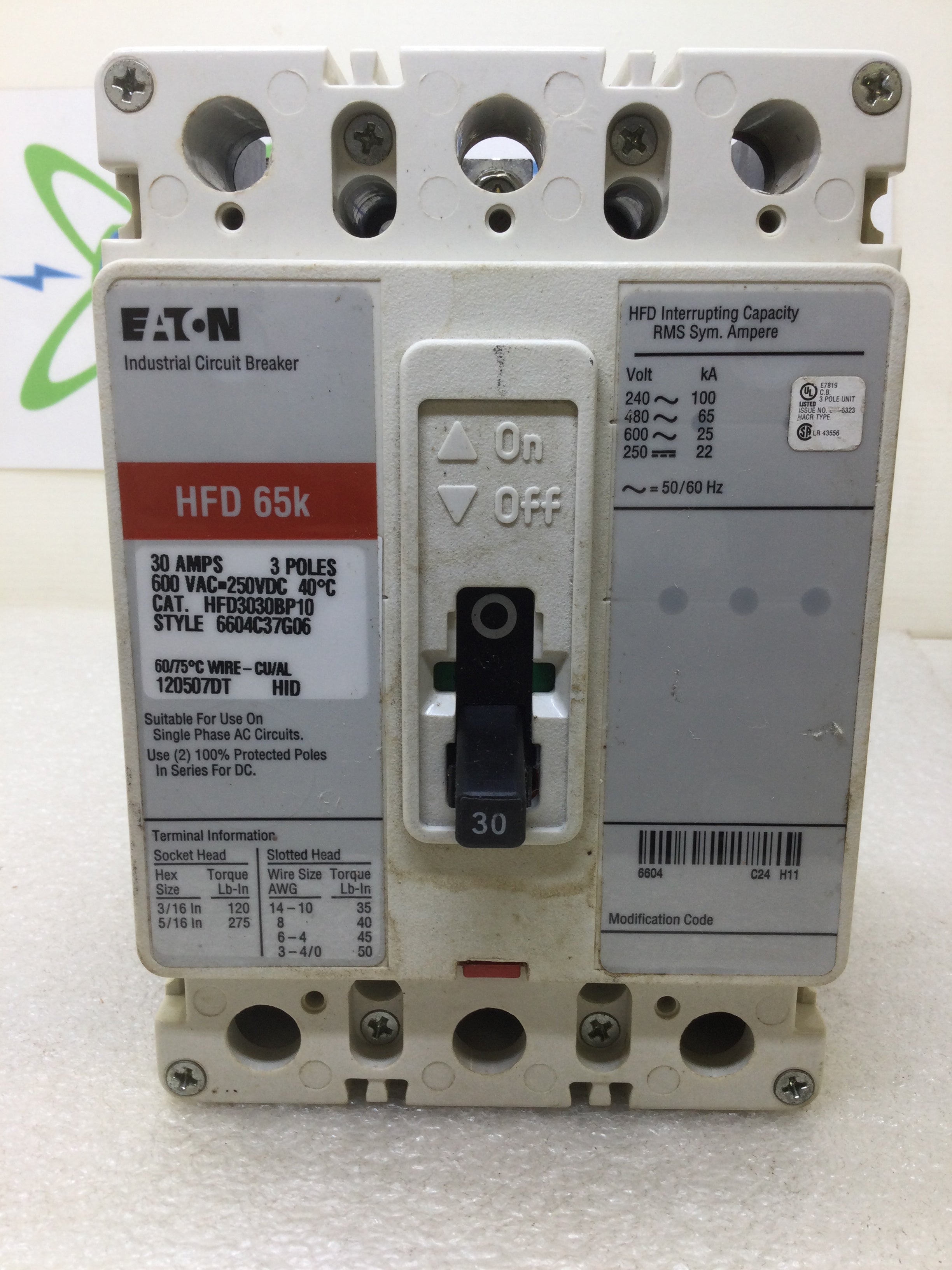 Eaton/Cutler-Hammer HFD3030BP10 3 Pole 30 Amp 600Vac Type HFD 65k Circ