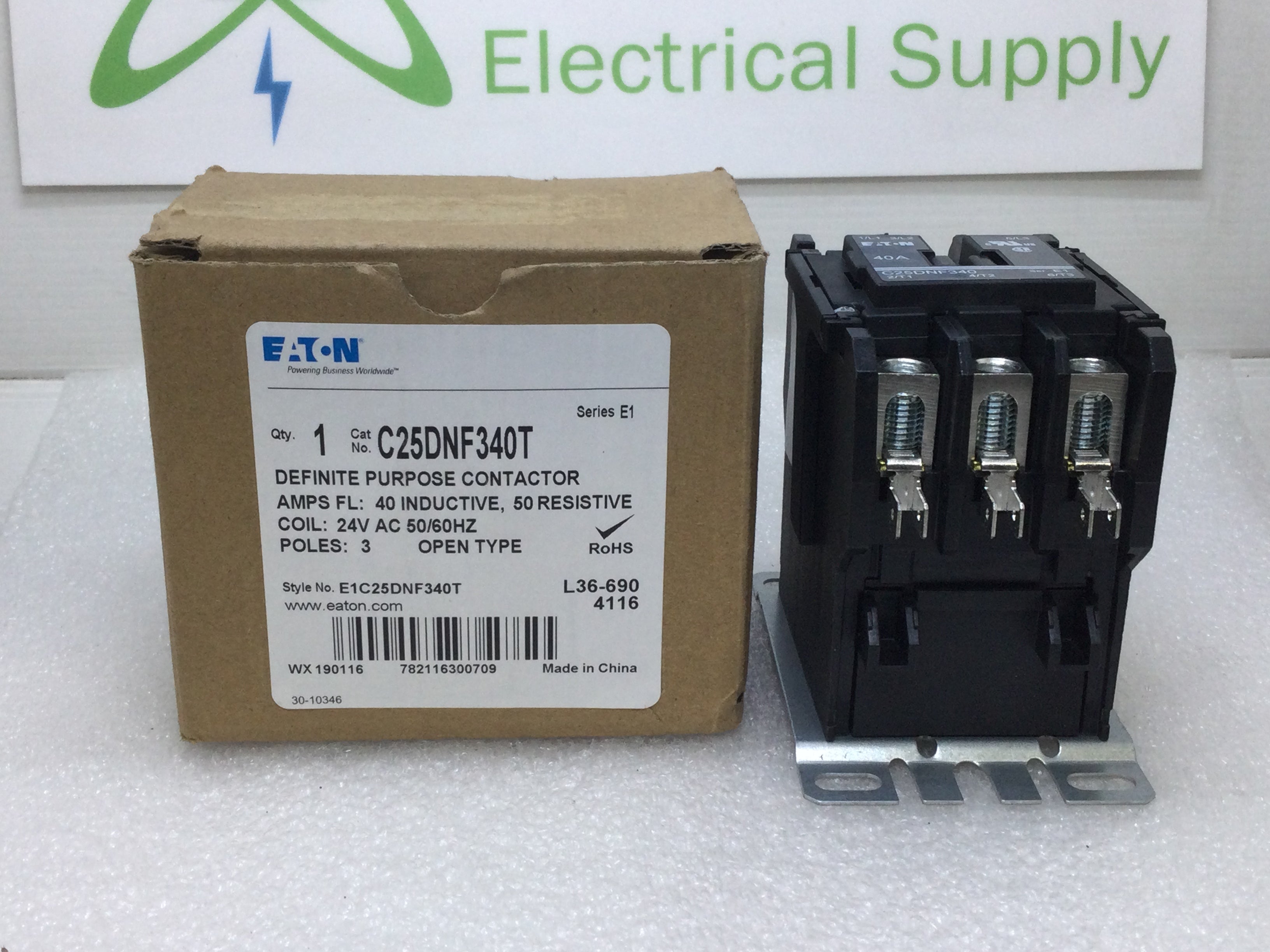 Eaton C25DNF340T 3 Pole 50 Amp 24V AC 50/60Hz Definite Purpose Contact