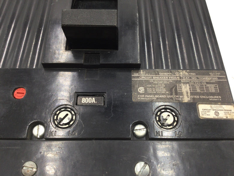 GE TKM836F000 800 Amp 3 Pole 600V Circuit Breaker w/800 Amp Trip
