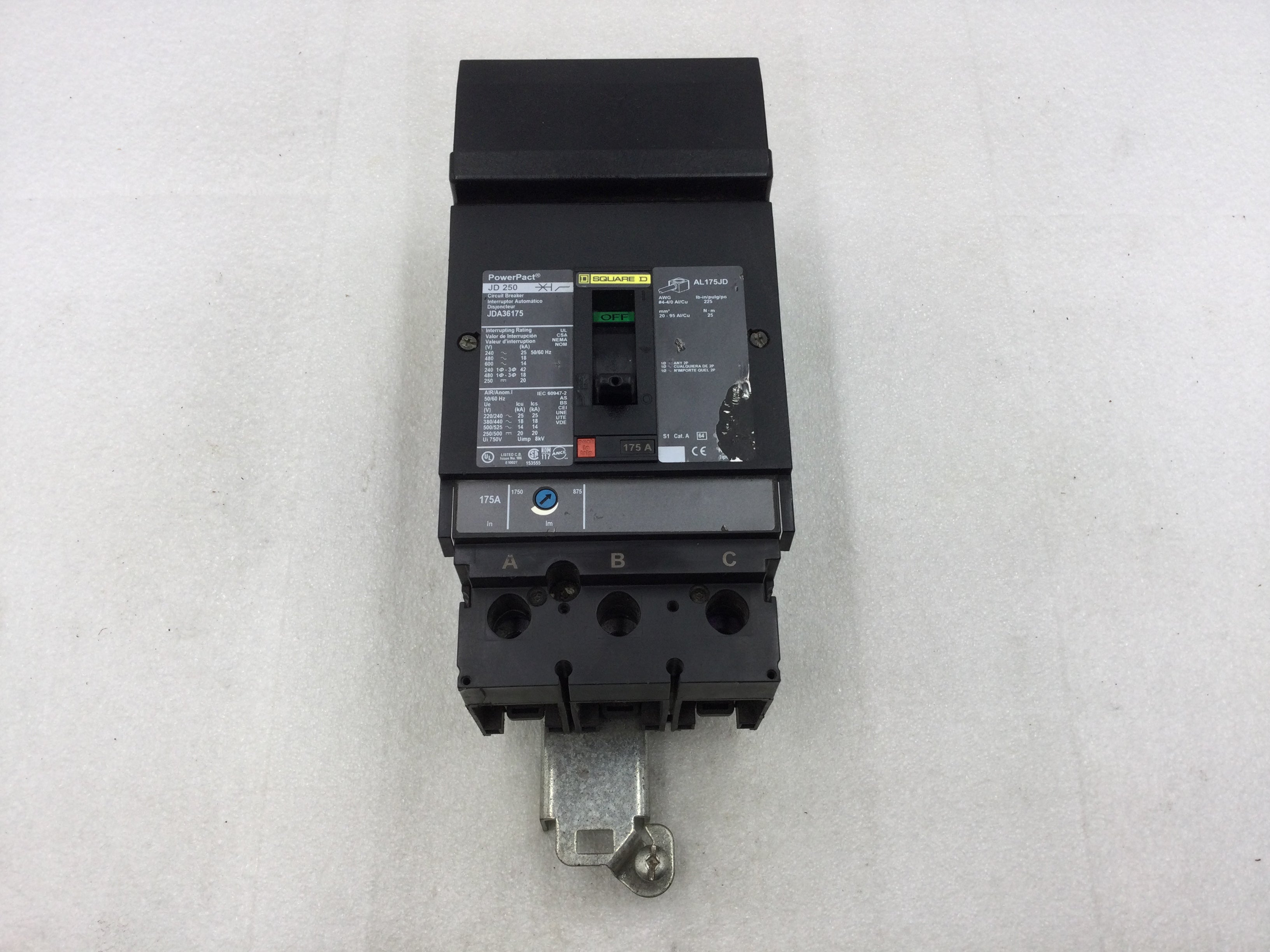 Square D JDA36175 175 Amp 3 Pole 600V JD250 Molded Case Circuit Breake