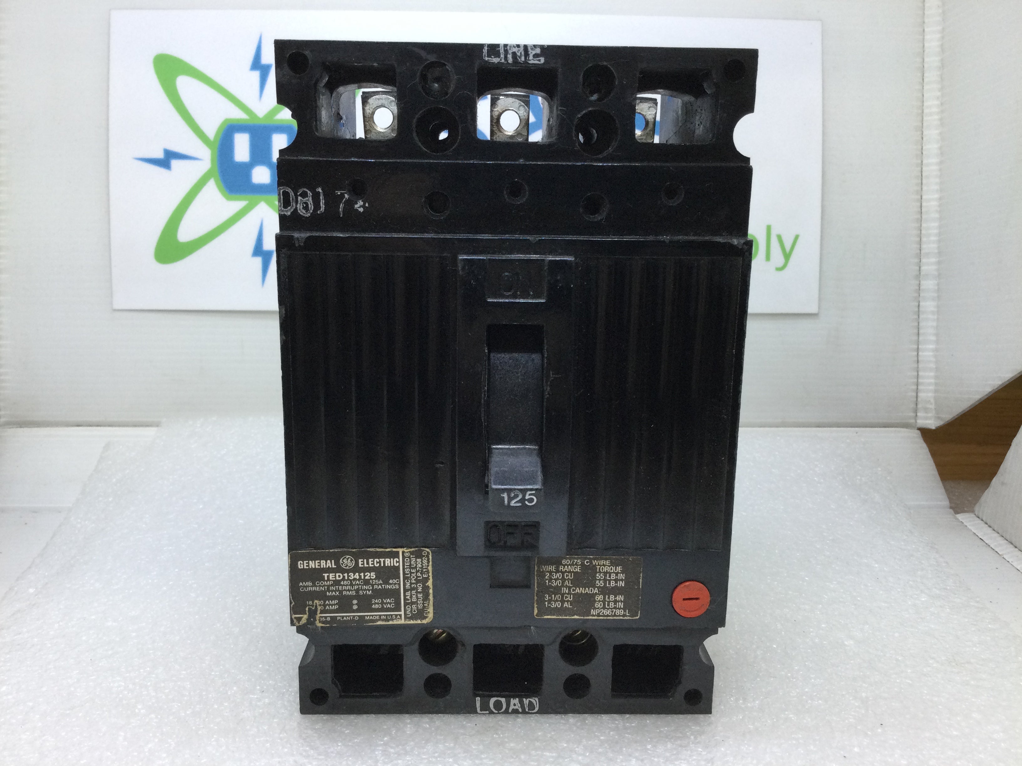 General Electric TED134125 125 Amp 3 Pole 480V Type TED Circuit Breake