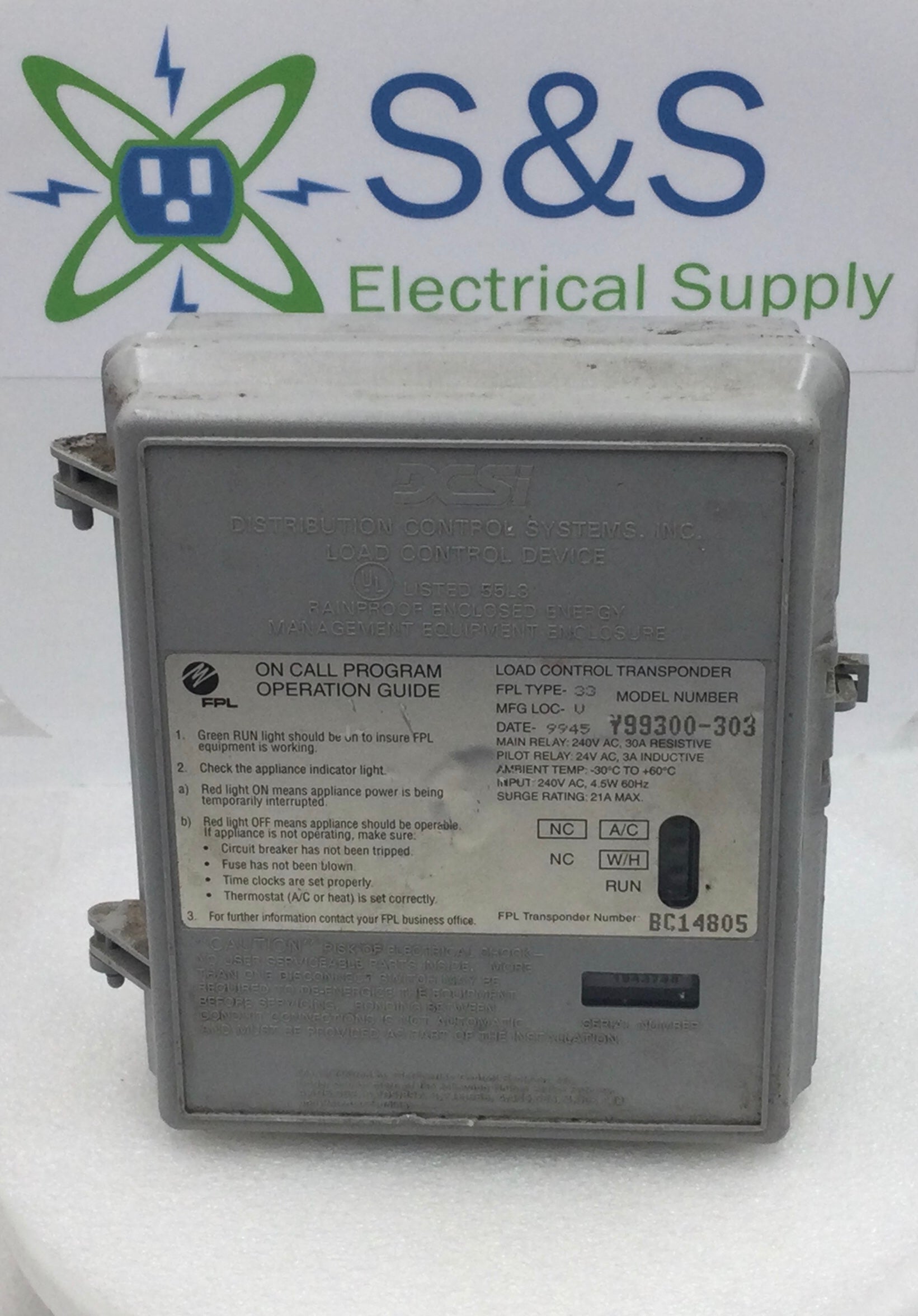 DCSI Y99300-303 30 Amp 240V FPL Type 33 Load Center Control Transponde