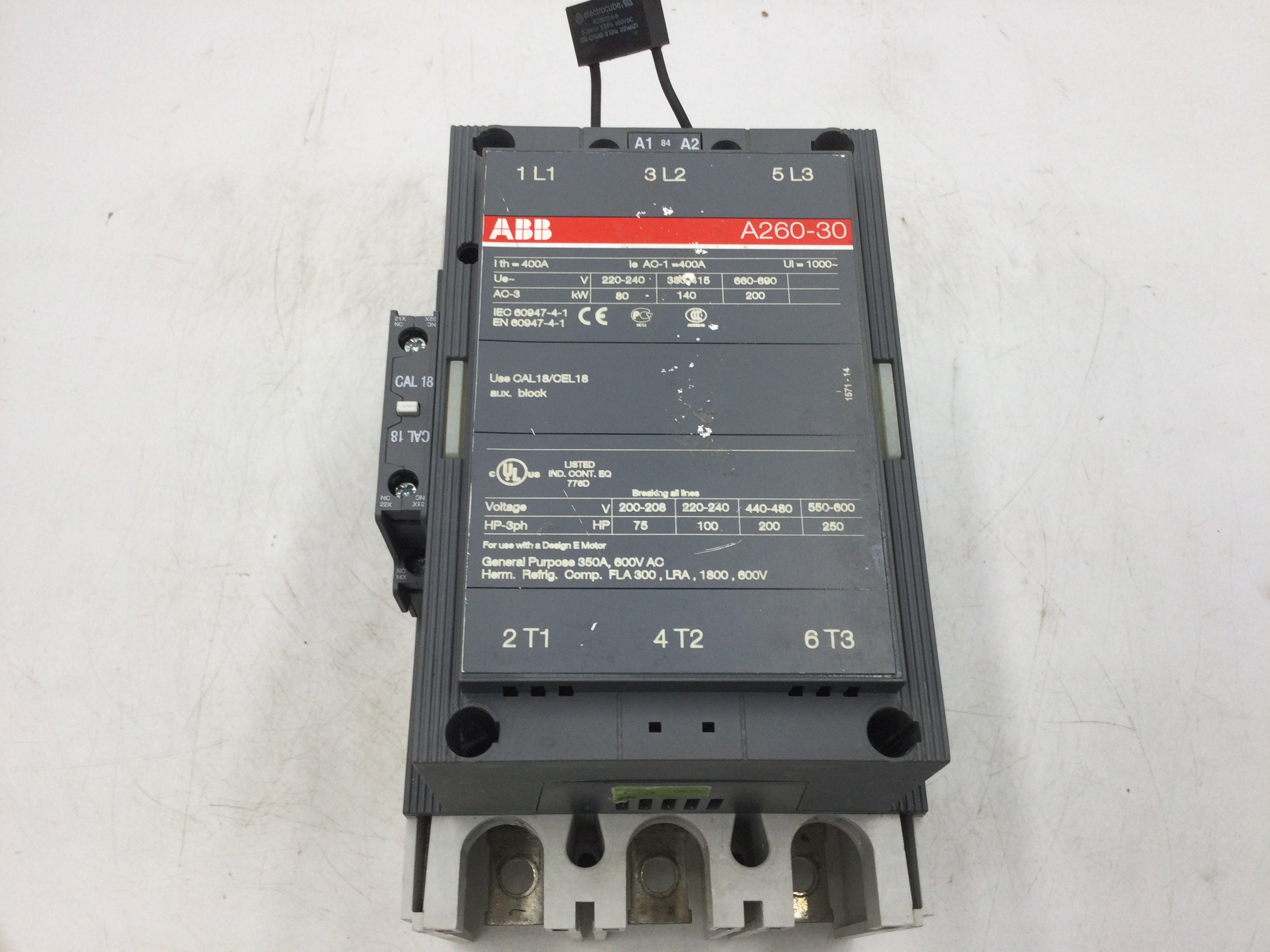 ABB A260-30 AC Non Reversing IEC Contactor 3 Pole 480V Coil