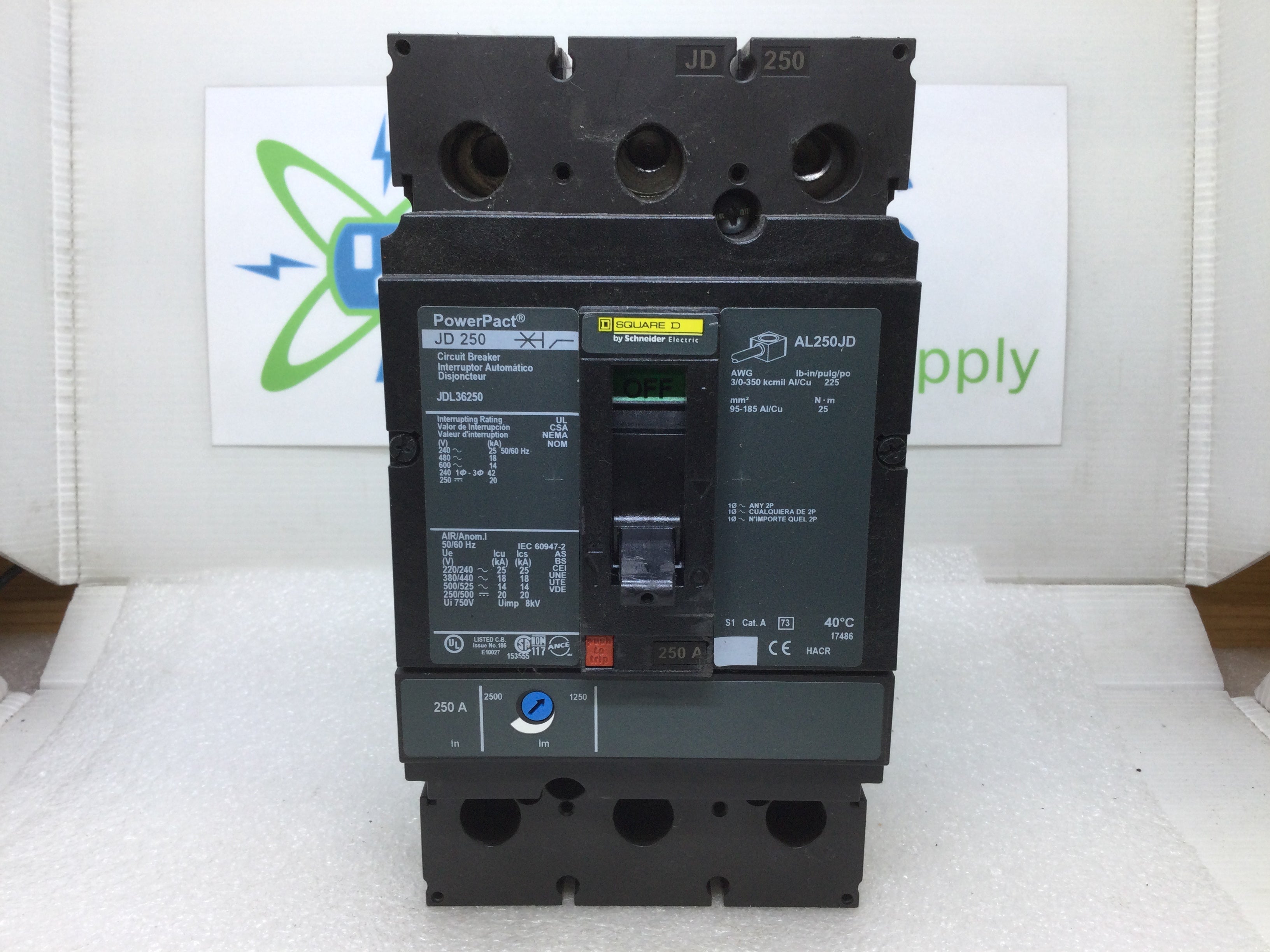 Square D JDL36250 JD250 250 Amp 3 Pole PowerPact Circuit Breaker
