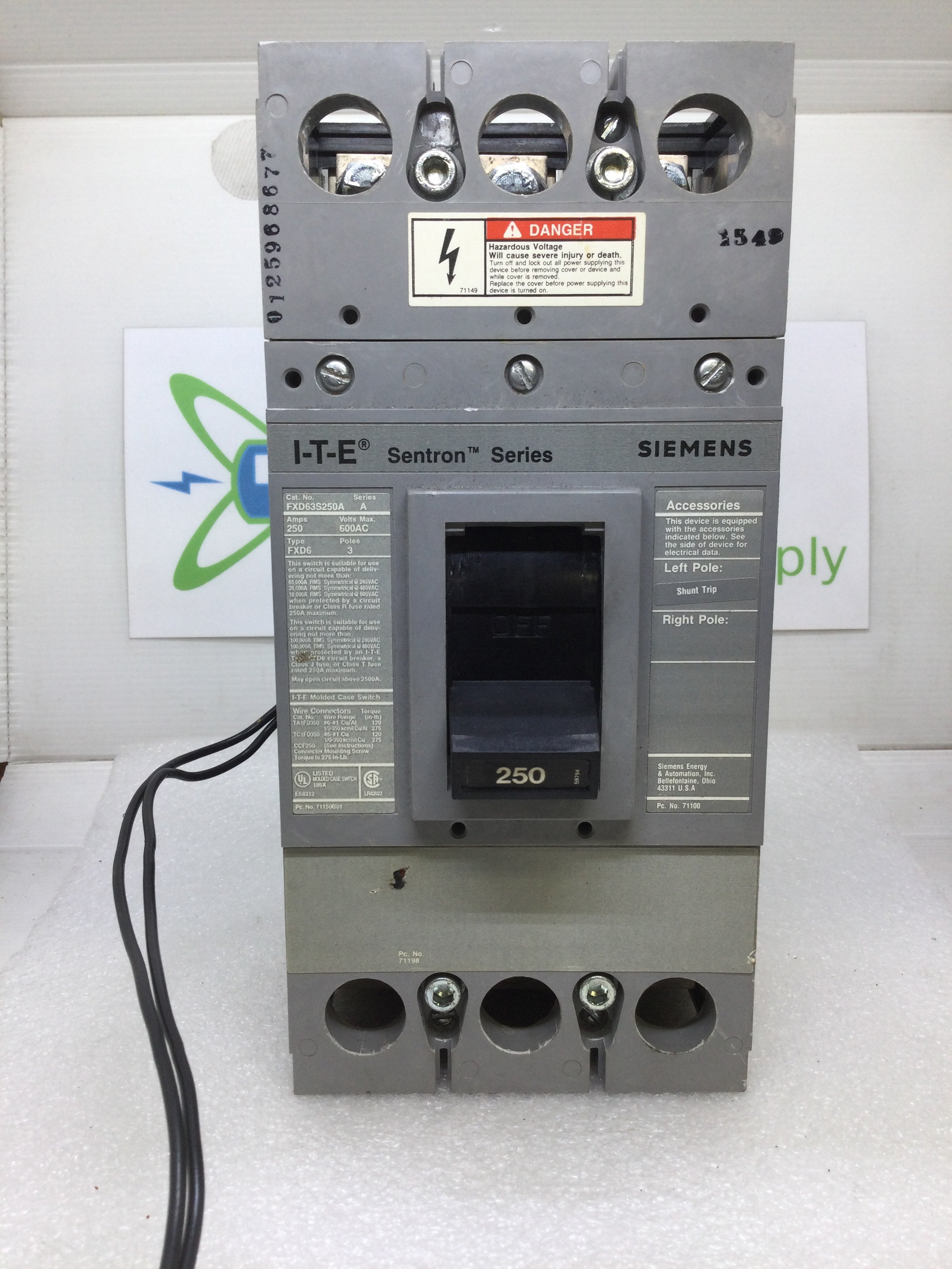 Siemens Sentron Series FXD63S250A 250 Amp 3 Pole ITE Molded Case Switc