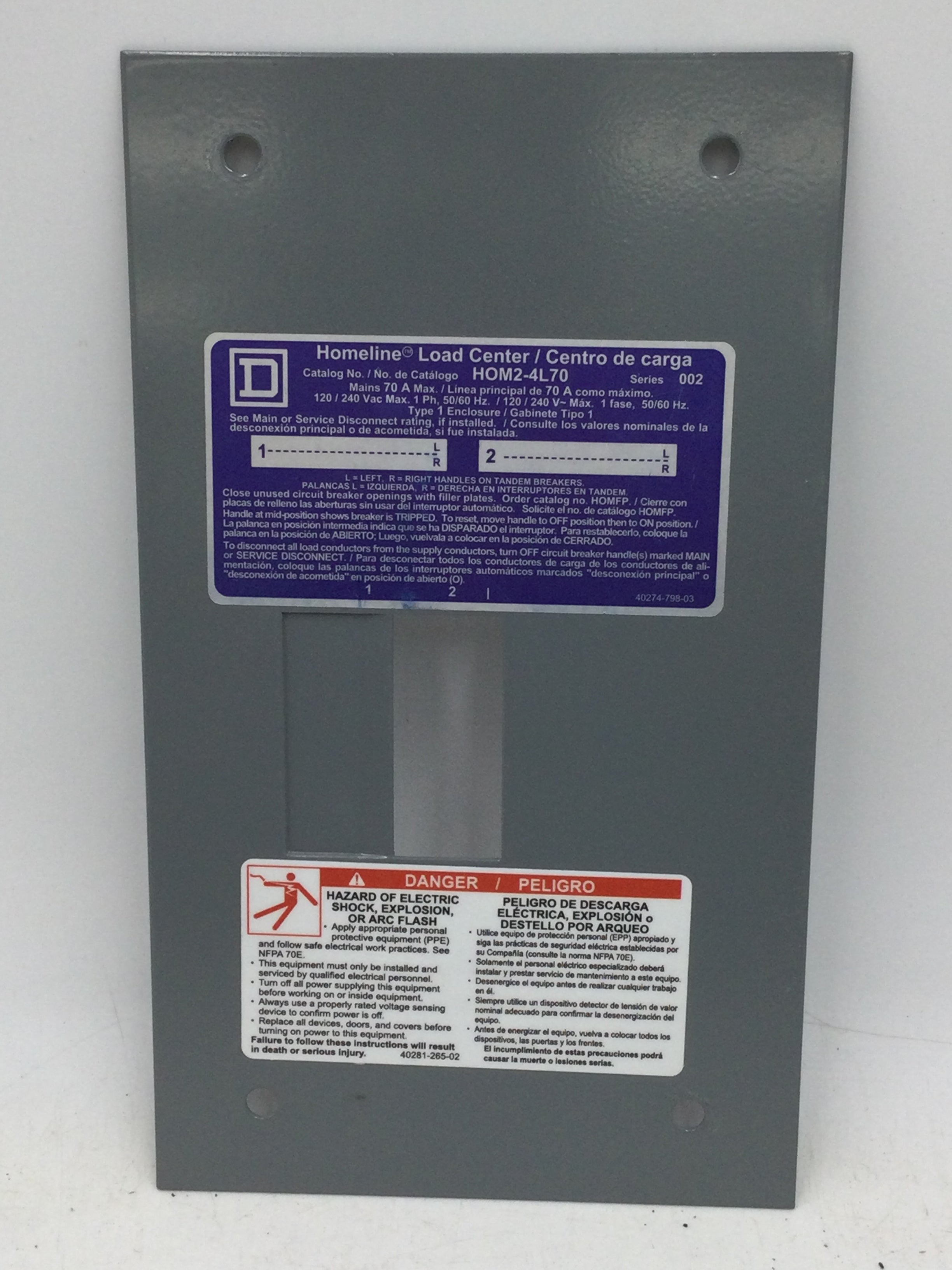 Square D HomeLine HOM2-4L70F 70 Amp 120/240V Deadfront 2-Spaces 4-Circ