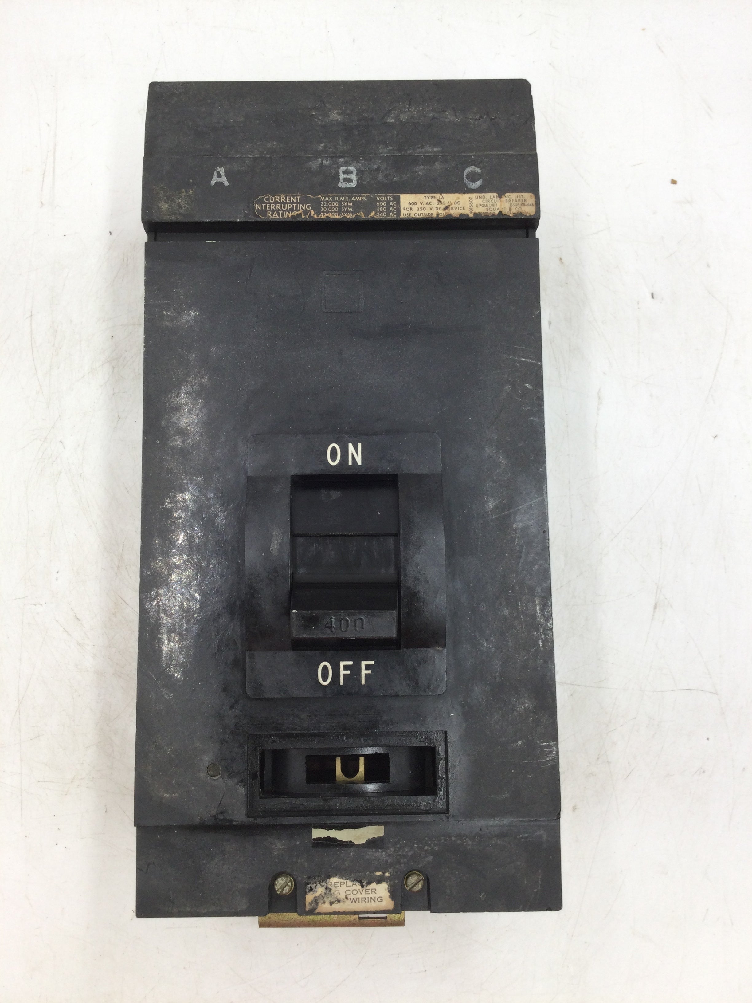 Square D LA36400 400 Amp 3 Pole 600 Vac Magnetic Trip Circuit Breaker