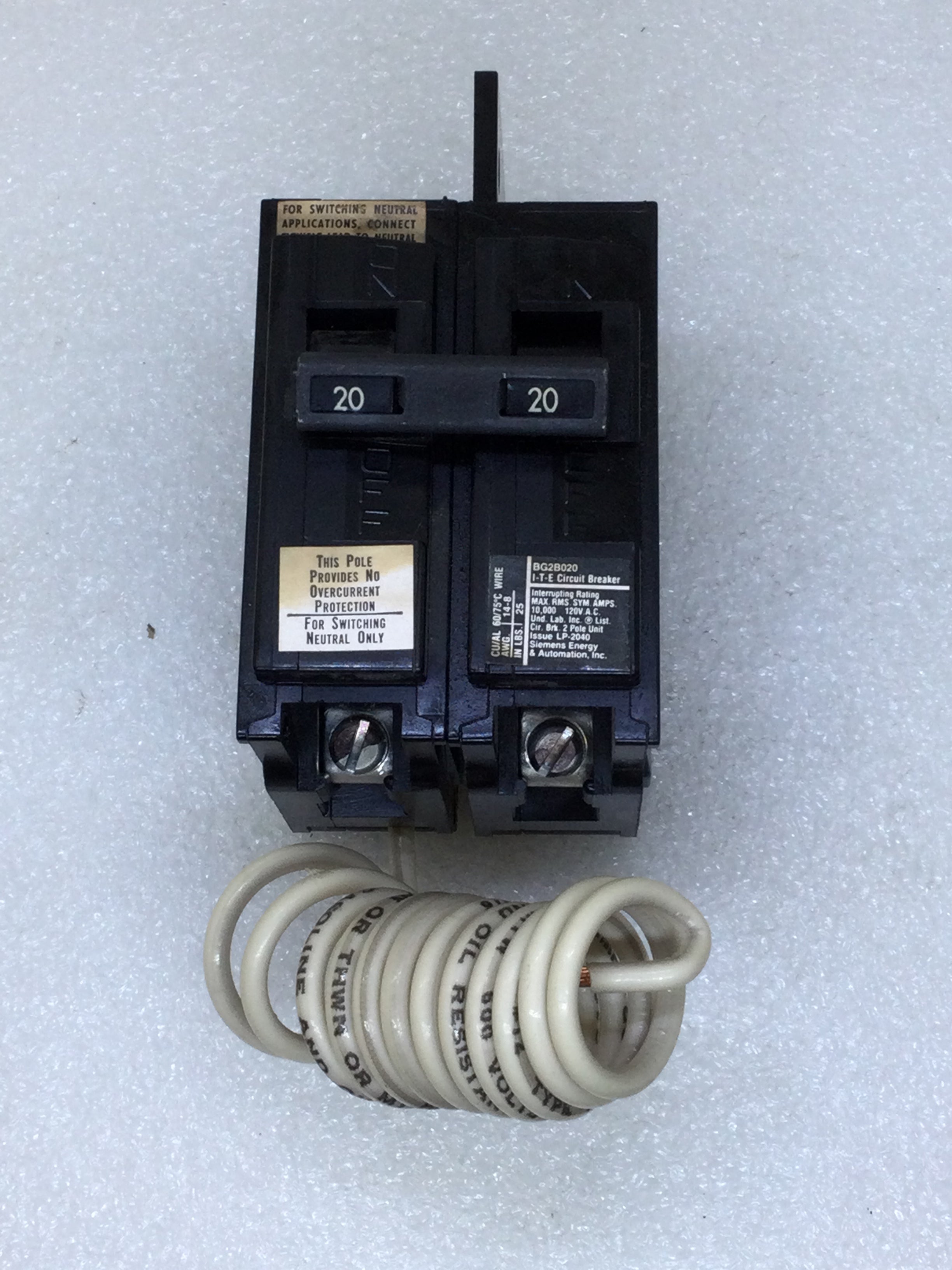 ITE/Siemens BG2B020 20 Amp 2 Pole 120V Switched Neutral Bolt-On Breake