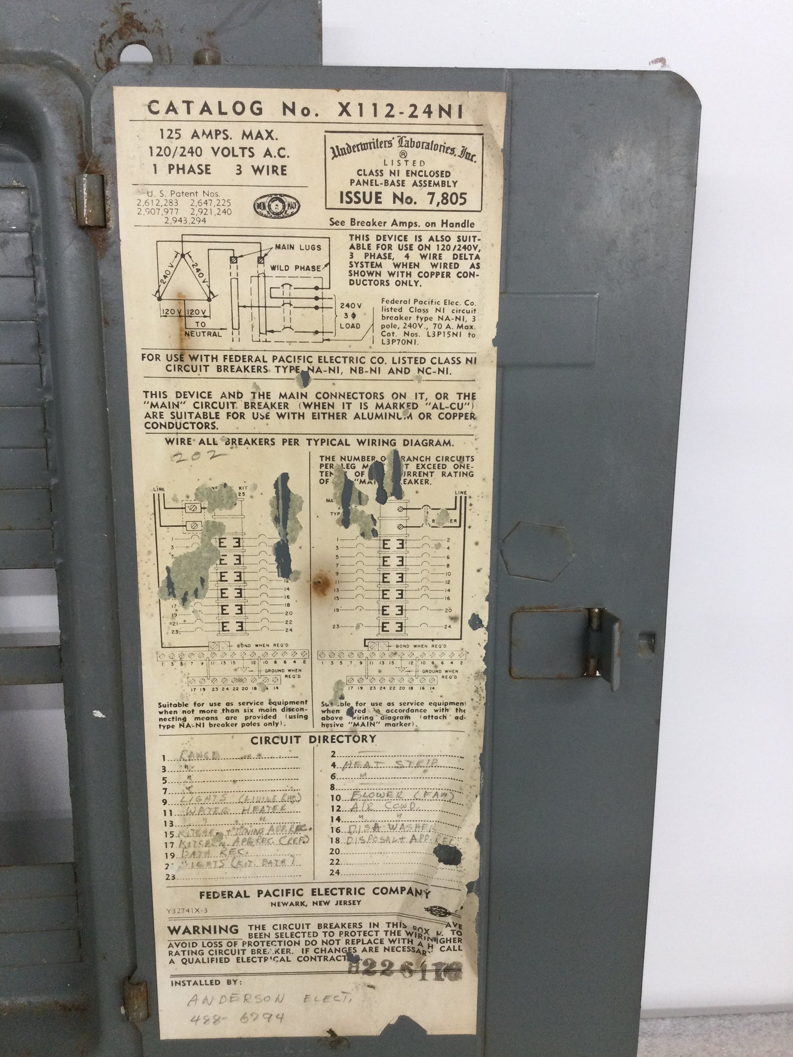 FPE Federal Pacific X112-24NI 125 Amp 120/240V 1 Phase 3 Wire 24 Space