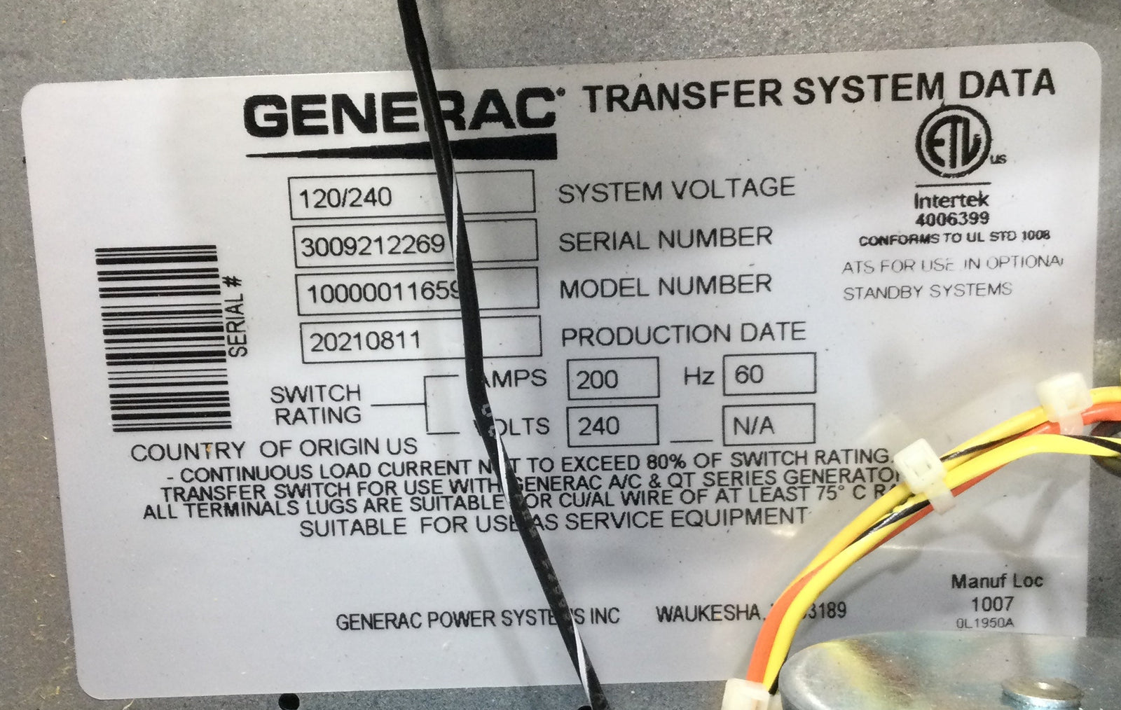 Generac 10000011659 200 Amp Single Phase 240V Transfer Switch 30 1/4"
