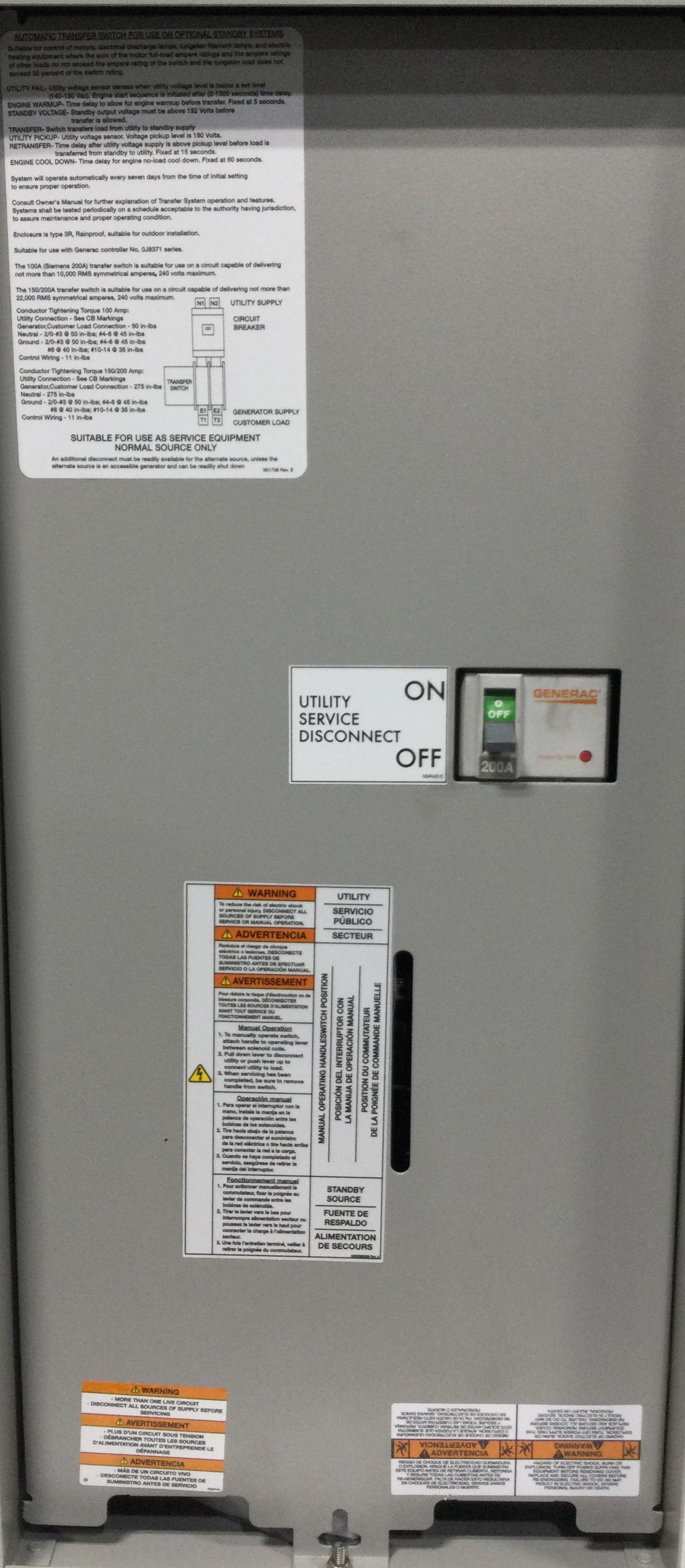 Generac 10000011659 200 Amp Single Phase 240V Transfer Switch 30 1/4"