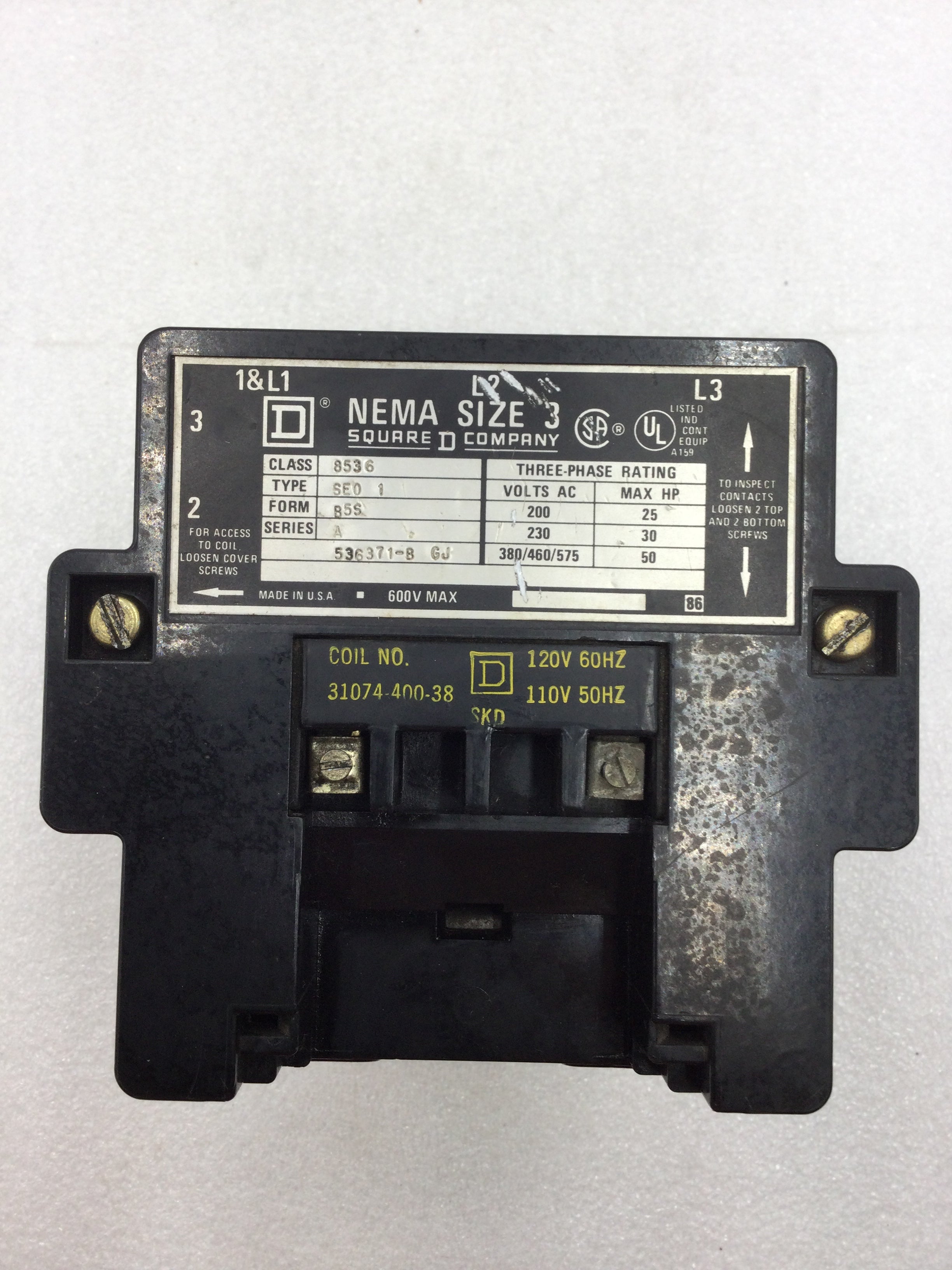 Square D 8536SE01 Series A Nema Size 3 Starter 3 Phase 200-575 VAC 25-