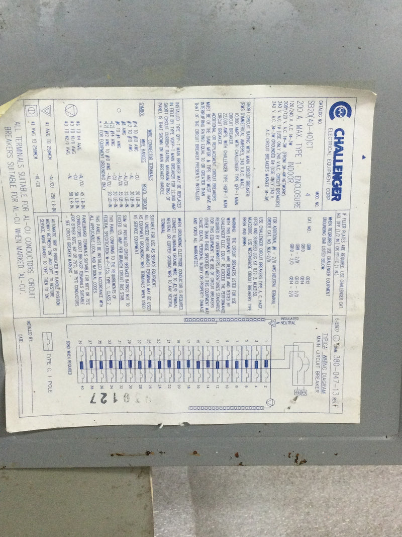 Challenger SB20(40-40)CT 200 Amp 120/240v Type 1 Indoor Enclosure 40 S