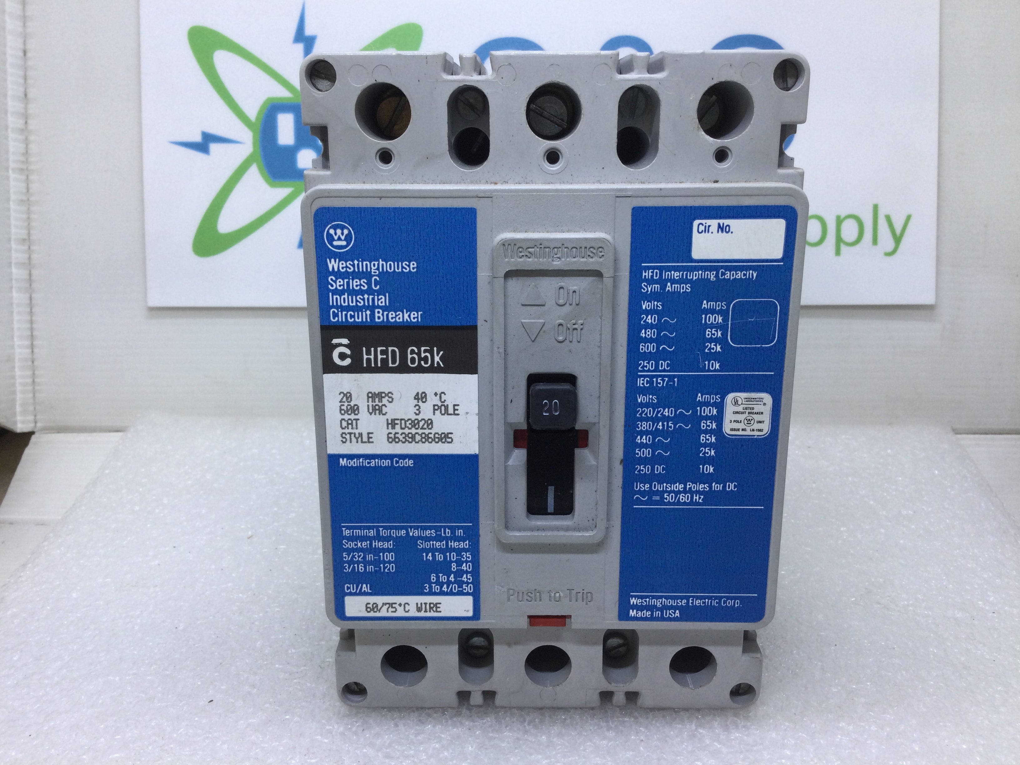 Eaton/Westinghouse HFD3040 3 Pole 40 Amp HFD 65k Circuit Breaker