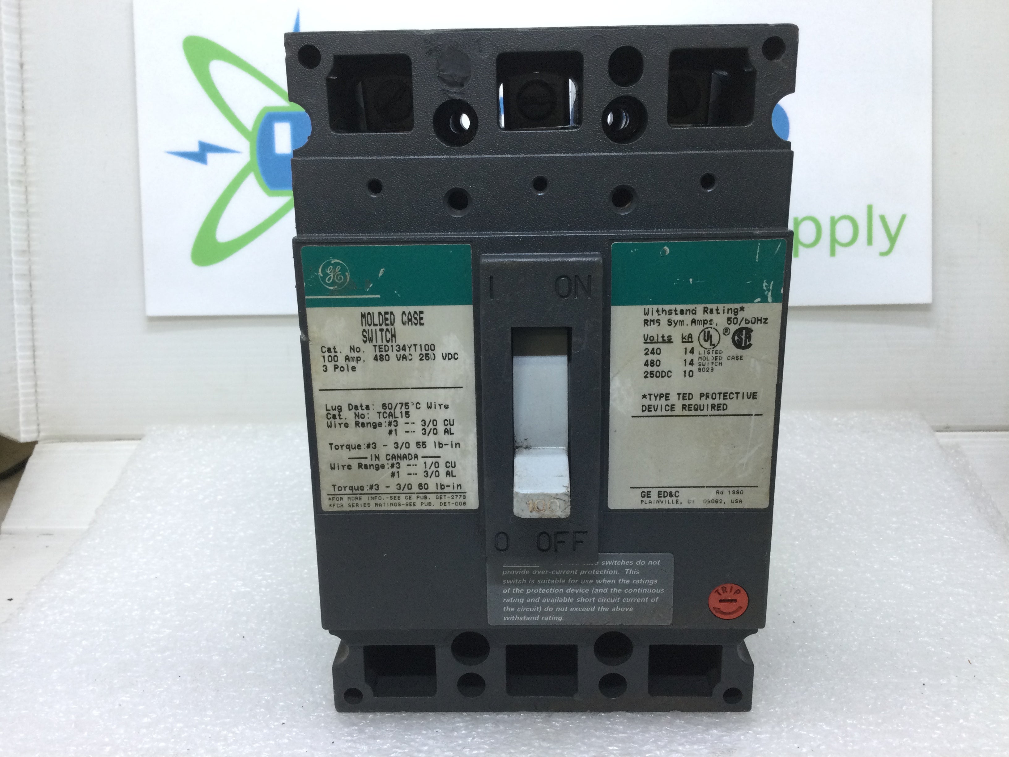 GE General Electric TED134YT100 100 Amp 3 Pole 480V Type TED Circuit B