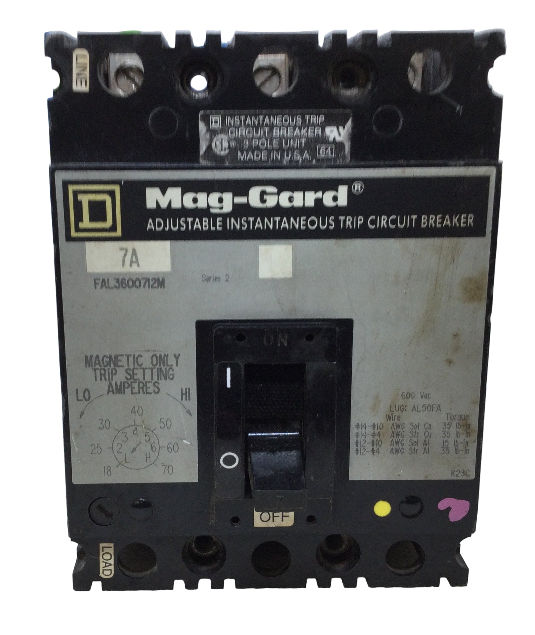 Square D FAL3600712M 7 Amp 3 Pole 600 VAC Mag-Guard Circuit Breaker wi