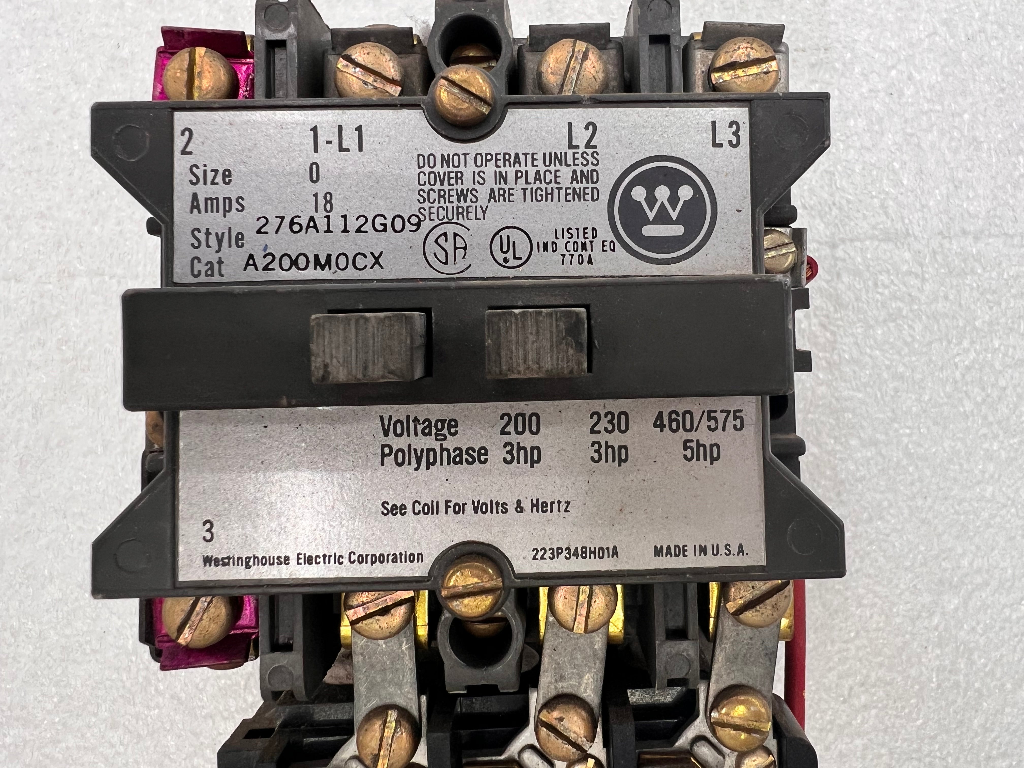 Westinghouse Motor Control A200MOCX Size 0 18 Amp 3 Phase 460/575v @5H