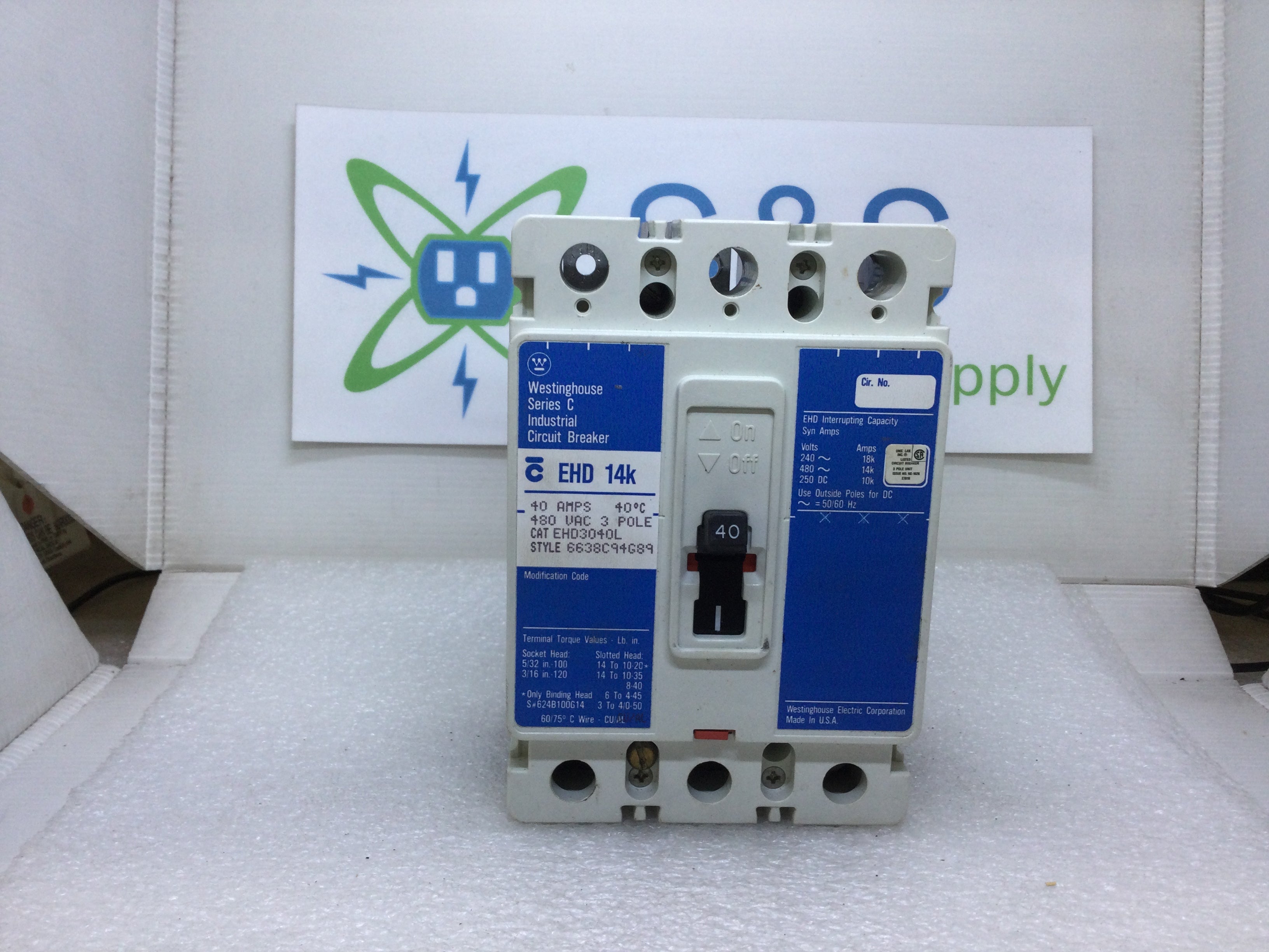 Cutler-Hammer EHD3040L 3 Pole 40A 480VAC Type EHD 14k Industrial Circu