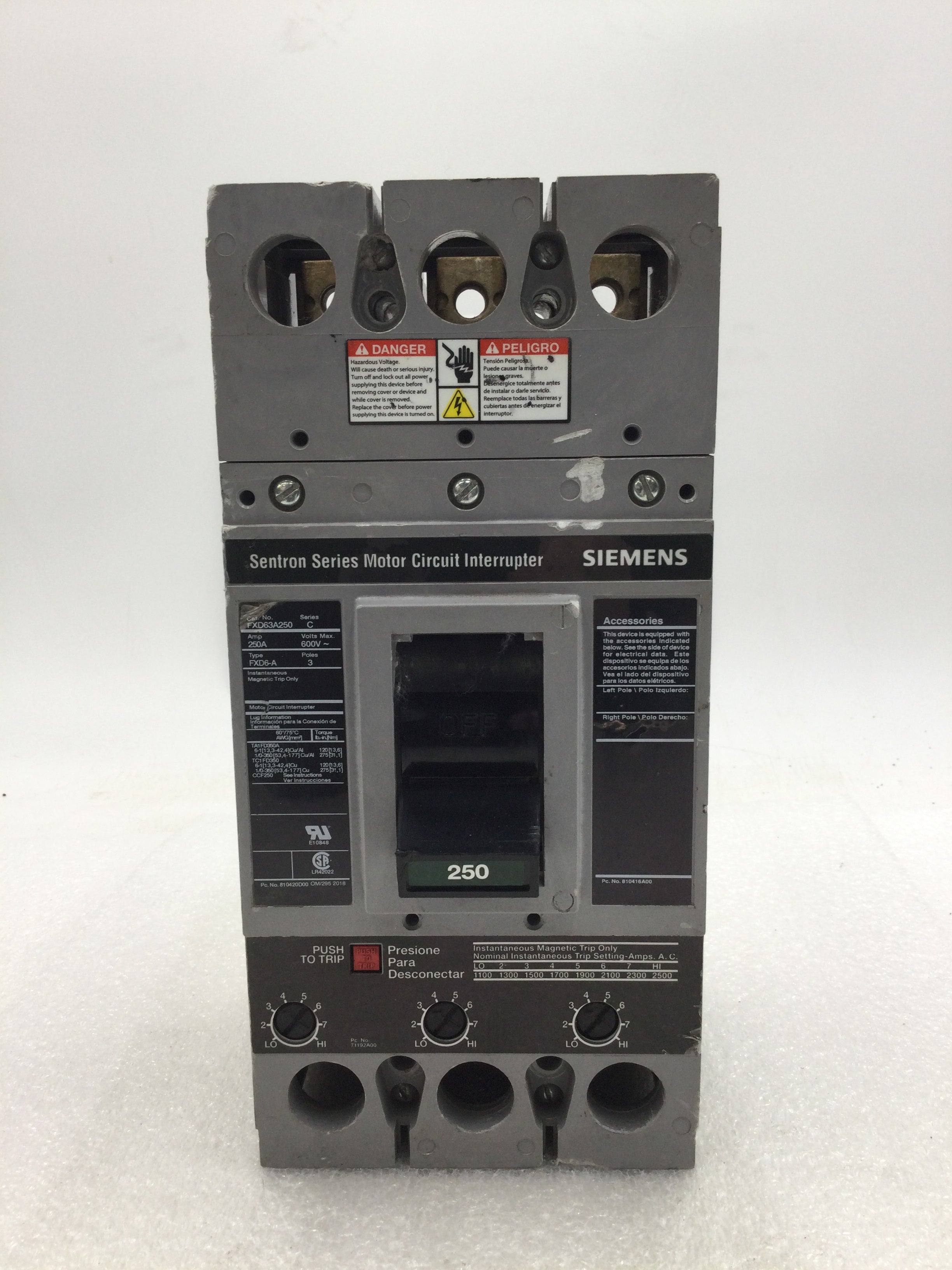 Siemens Sentron Series FXD63A250 Series C 250 Amp 3 Pole 600Vac Circui