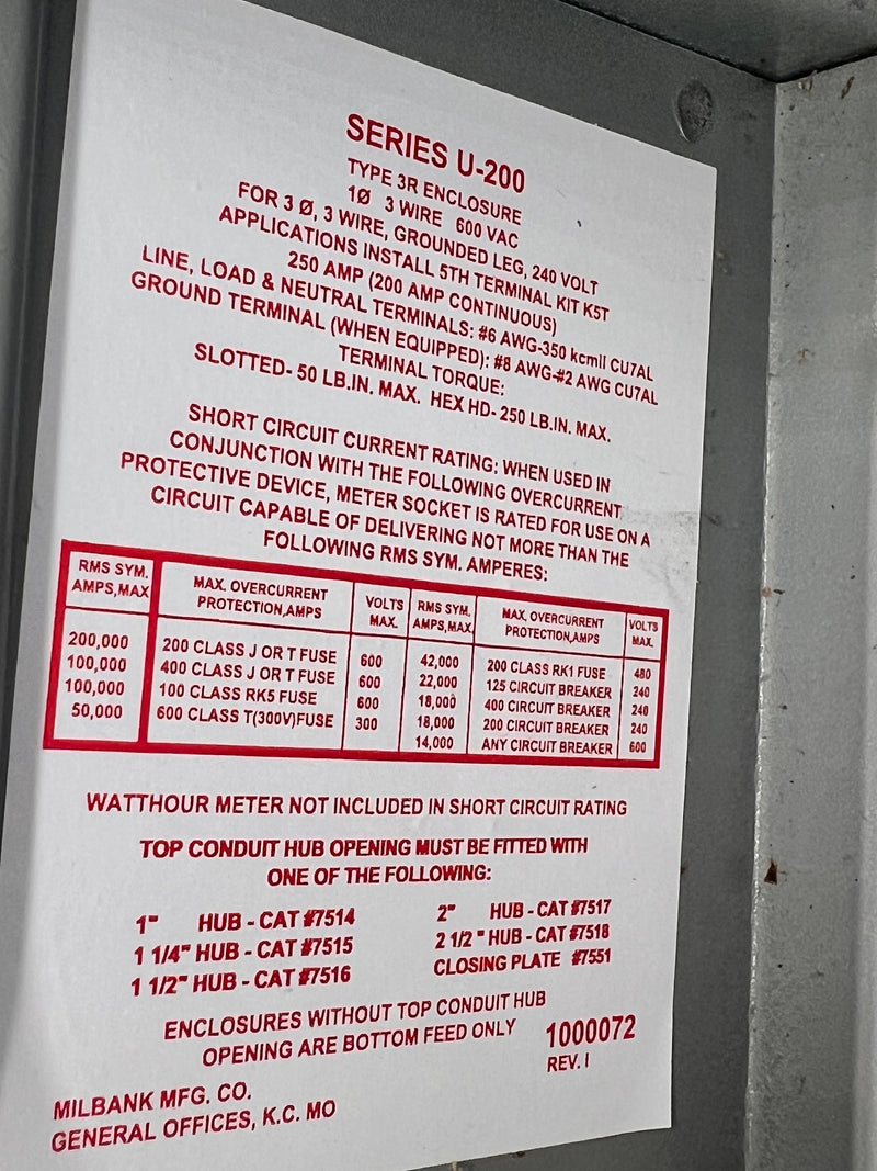 Milbank U7040-XL-TG-OS-COL 200A 600VAC Single Phase Nema3r Meter Enclo