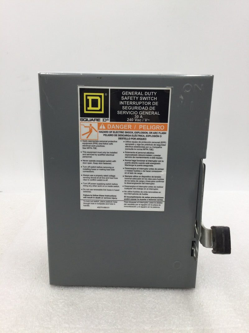 Square D D321N 30 Amp 240VAC 3 Pole Fusible Safety Switch Type Nema1 E