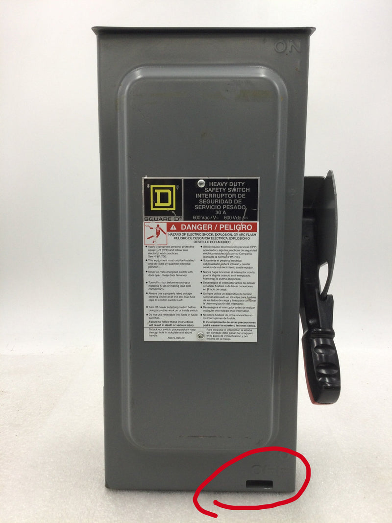 Square D Heavy Duty HU361RB Safety Switch 3 Phase 30 Amp 600 VAC Nema