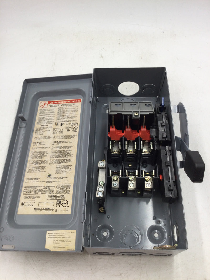 Square D D322N 3 Pole 60 Amp 240VAC Fusible Nema1 Safety Switch