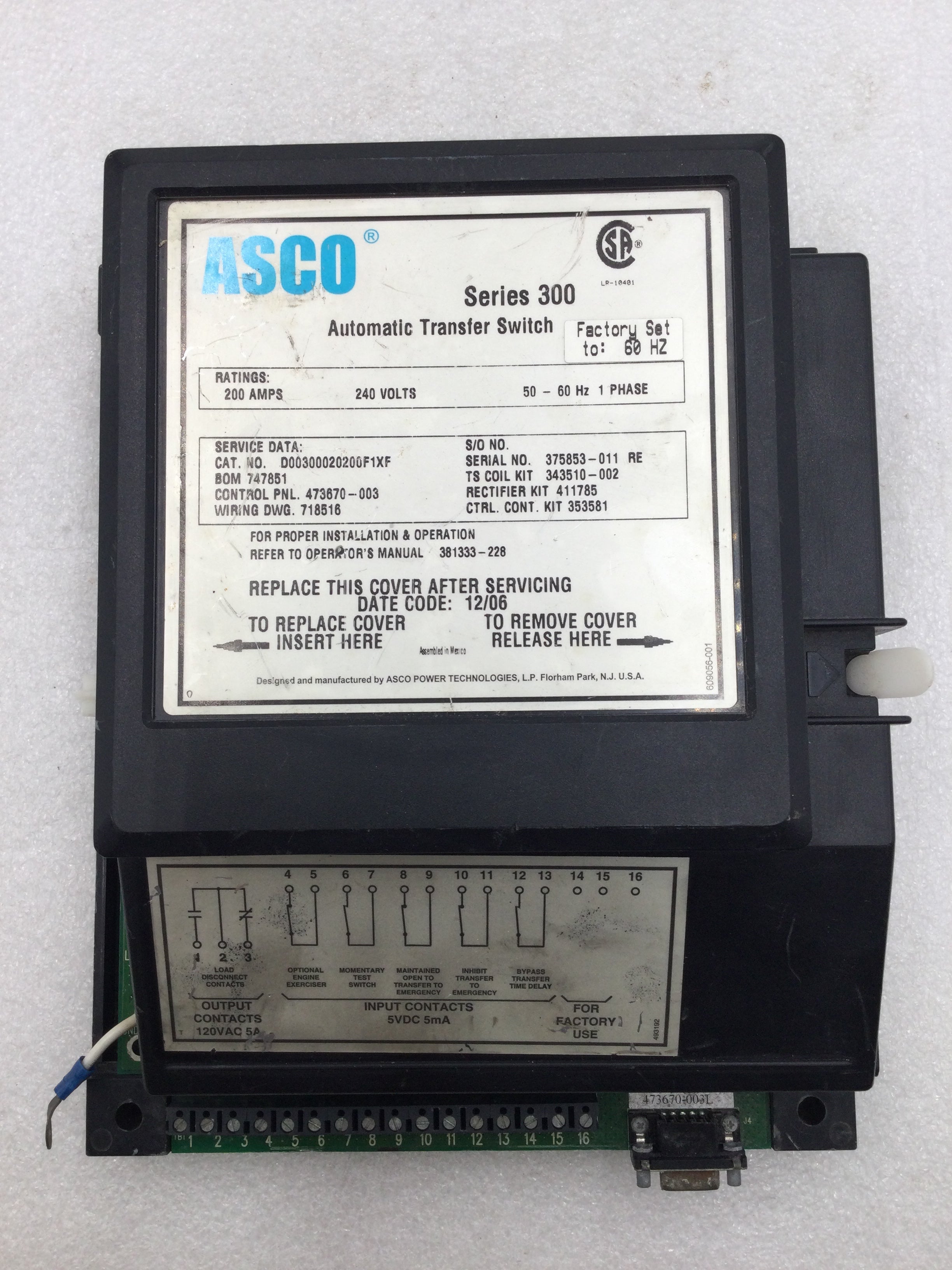 Asco Series 300 Automatic Transfer Switch Guts Only 200 Amp Single Pha