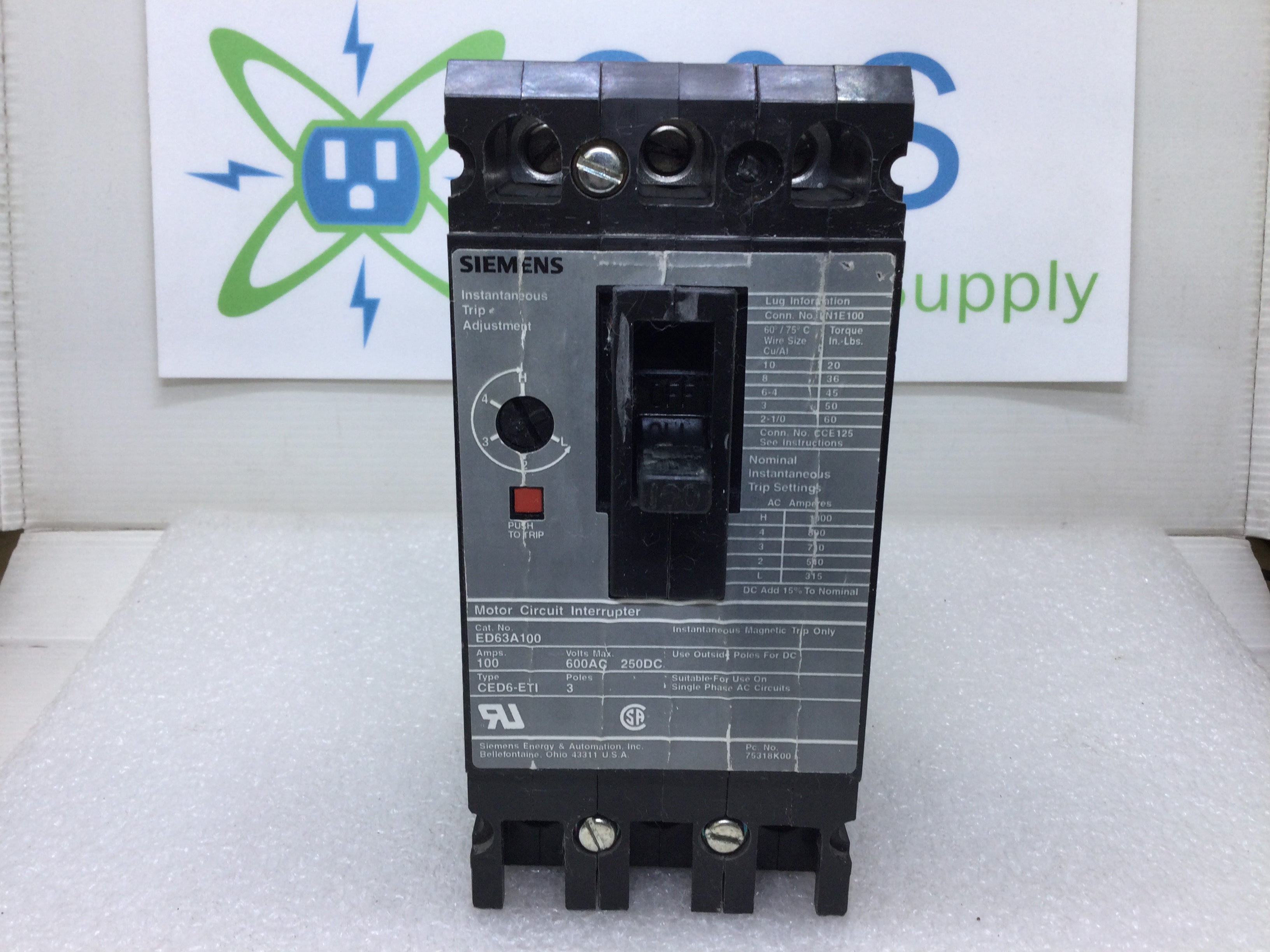 Siemens ED63A100 100 Amp 600V 3-Pole Circuit Breaker 100A ED6-ETI