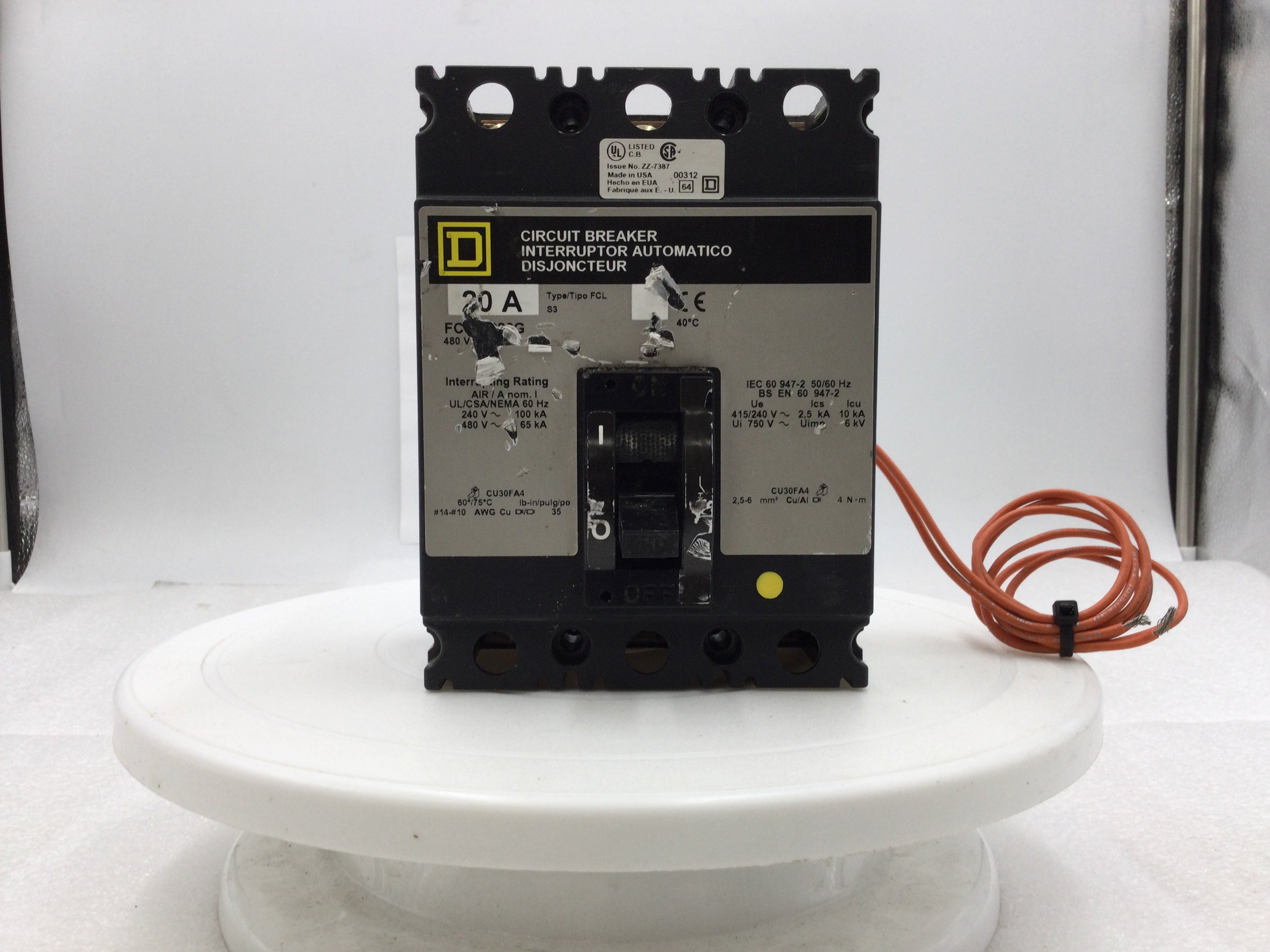 Square D FCL34020G FCL Series 20 Amp 3 Pole 480 VAC Circuit Breaker wi