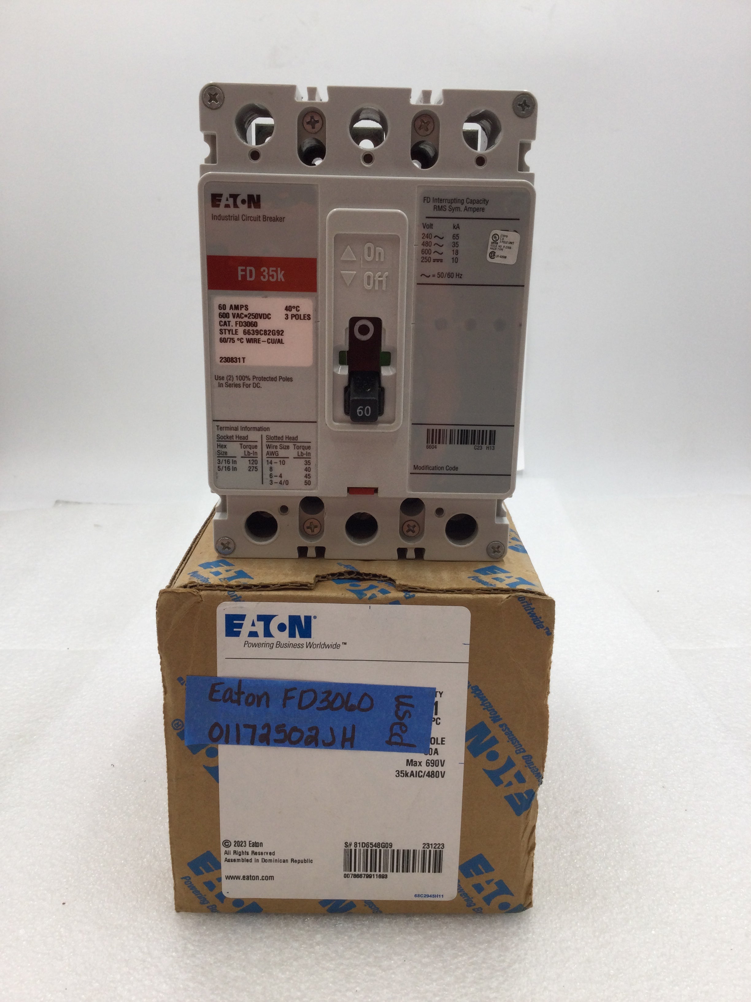 Eaton Cutler Hammer FD3060 60 Amp 3 Pole 600V Circuit Breaker - Red La