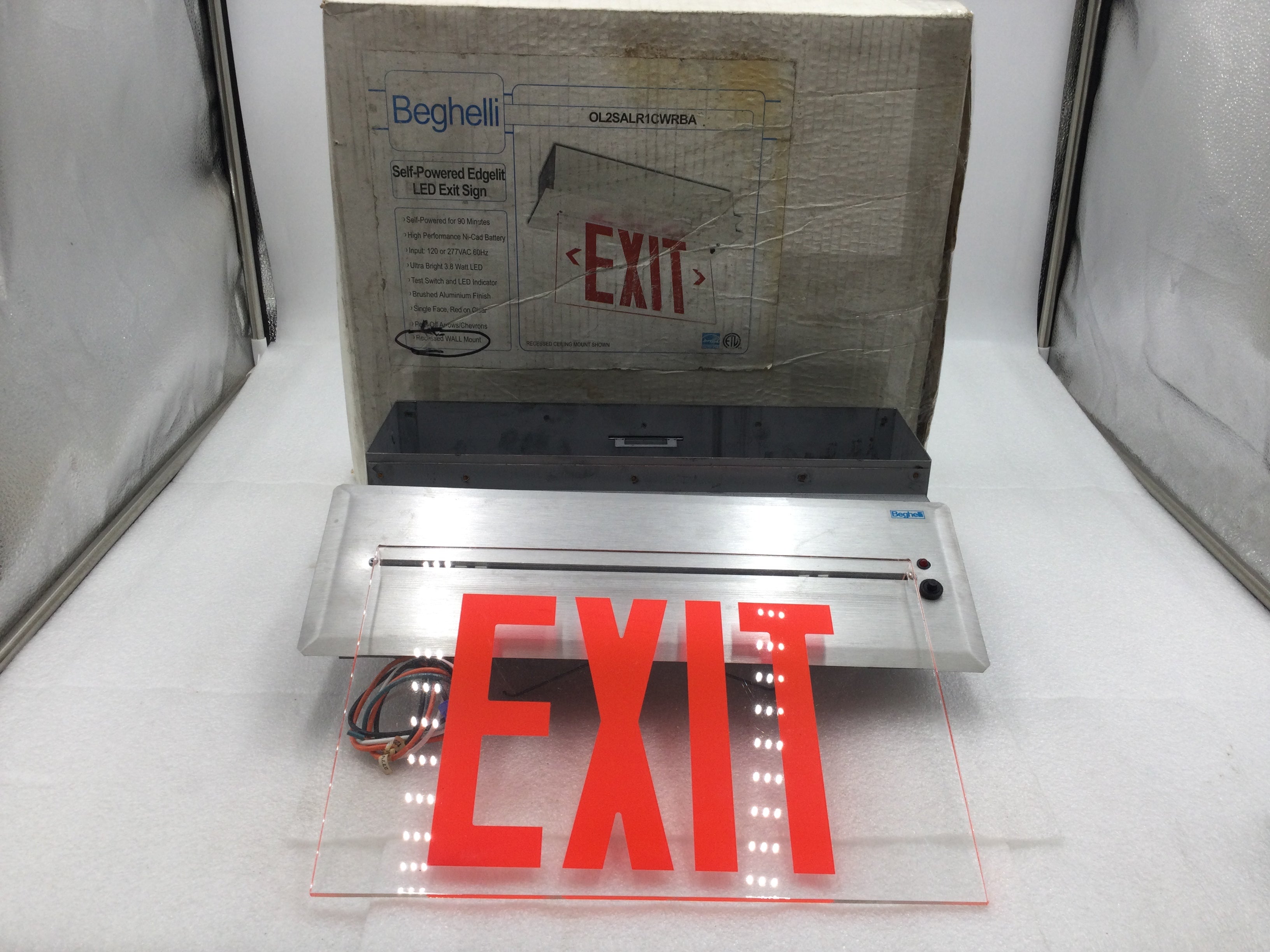 Beghelli OL2SALR1CWRBA Recessed Wall Mount Red LED Exit Light 120/277