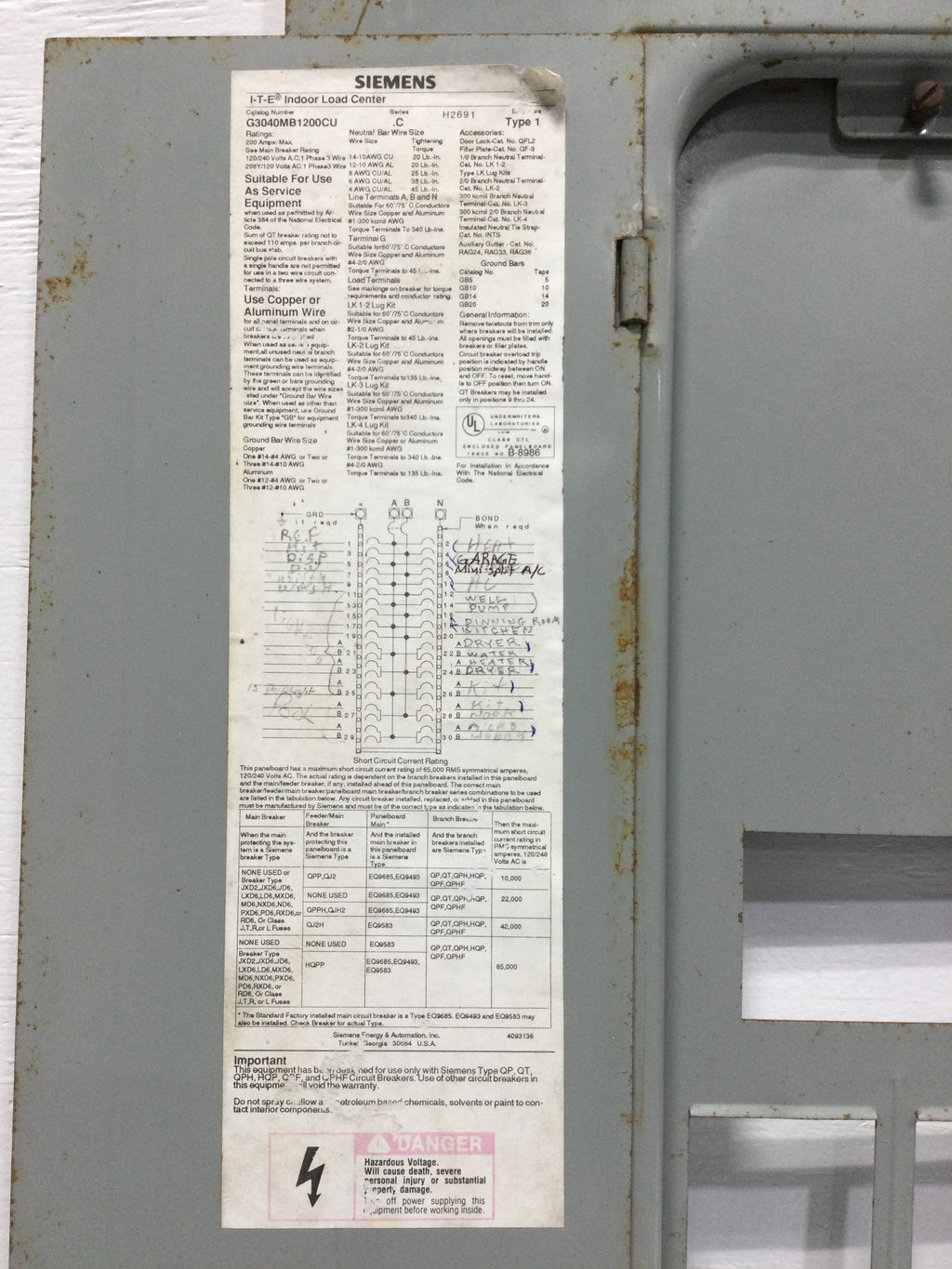 Siemens/ITE G3040MB1200CU Indoor Load Center Cover/Door Only w/Main 20