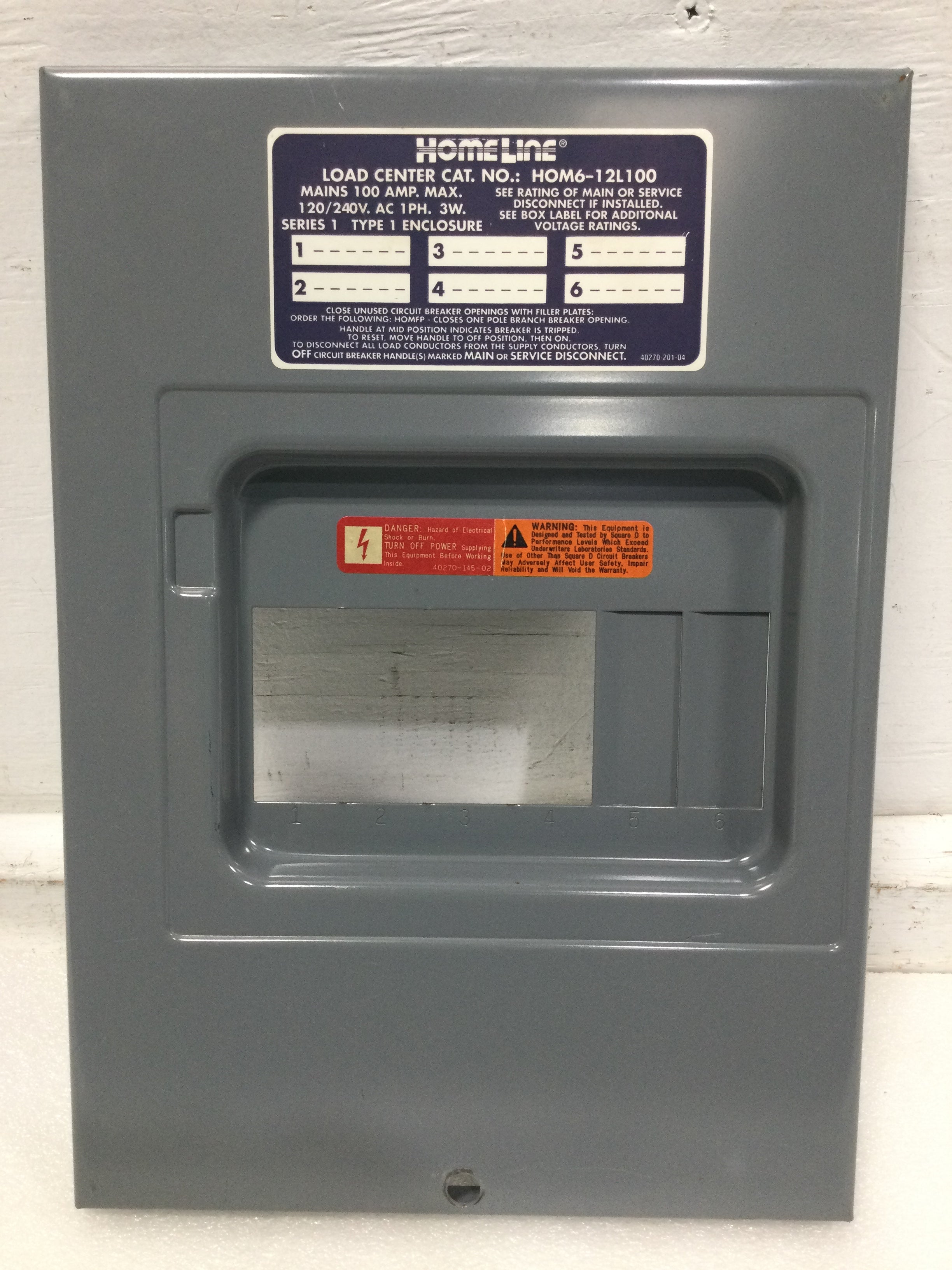 Square D HOM6-12L100 100 Amp 6 Space 120/240V Dead Front Only 12 7/8"