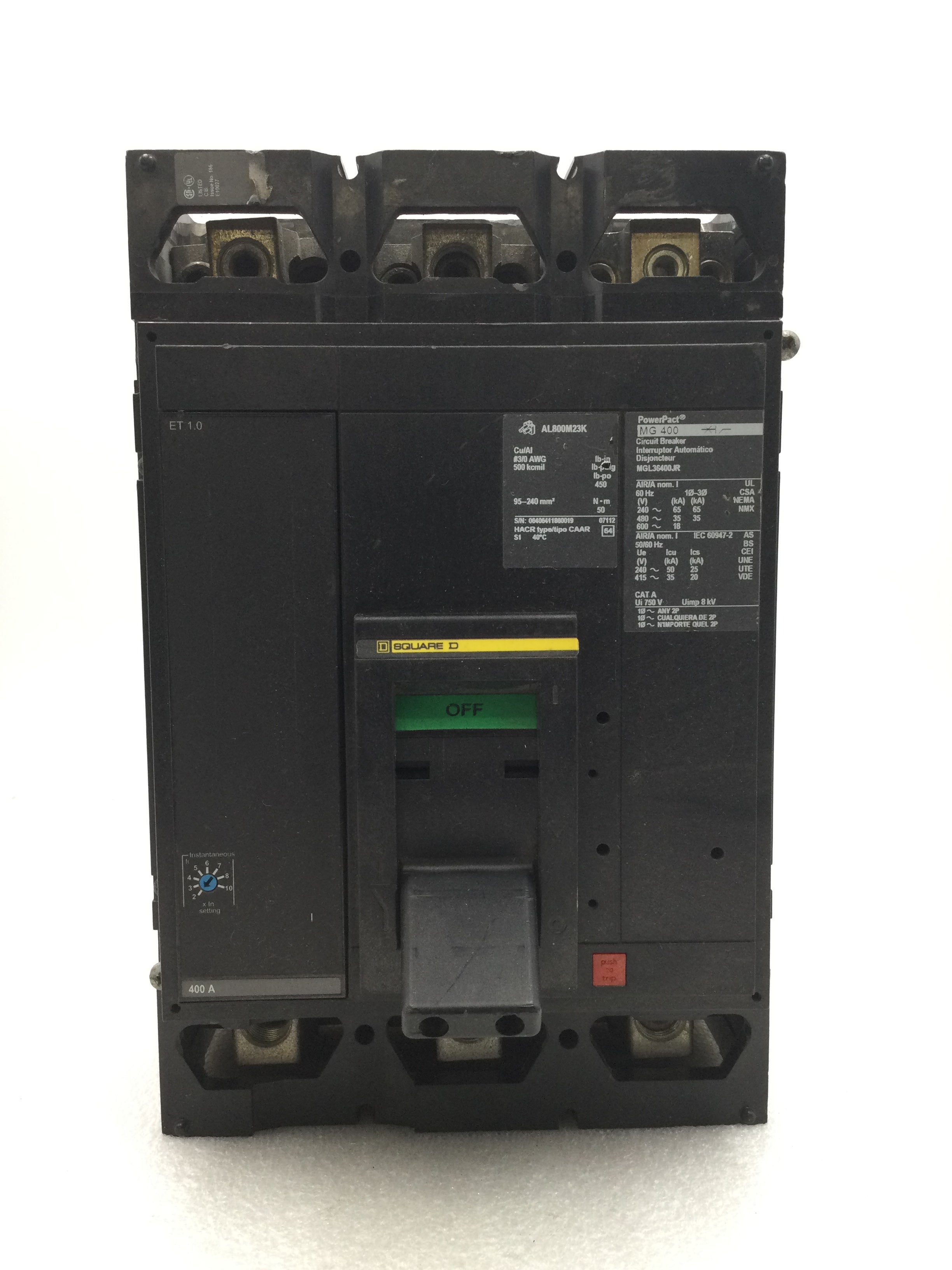 Square D MGL36400JR 400 Amp 3 Pole 600 VAC MG400 PowerPact Circuit Bre