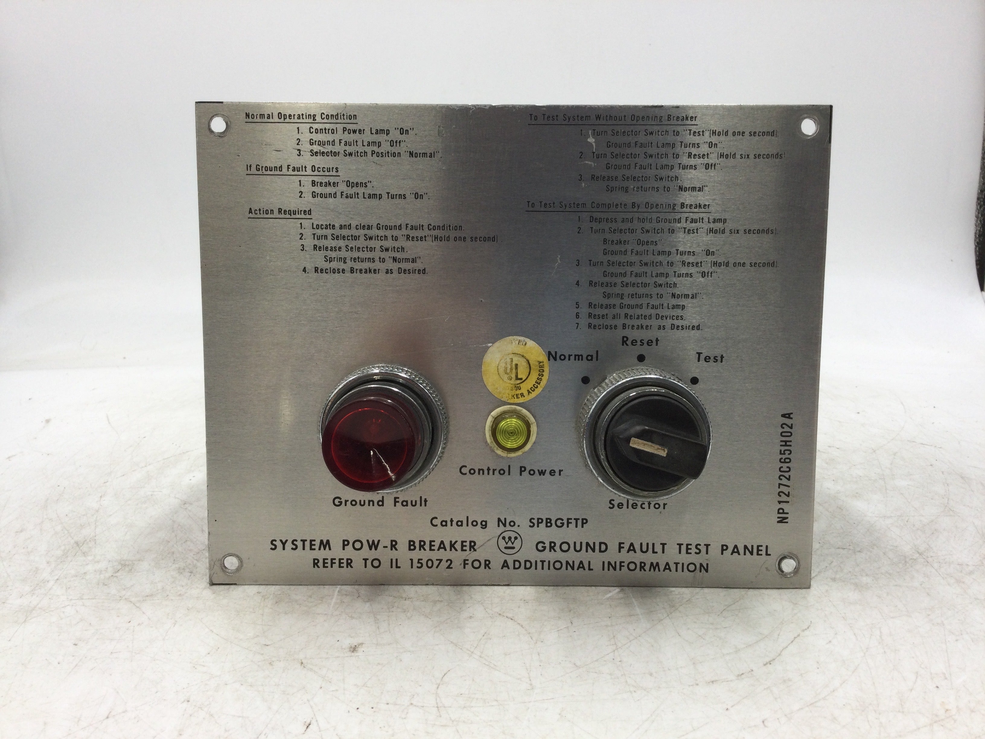 Westinghouse SPBGFTP System Pow-R Breaker Ground Fault Test Panel 120V