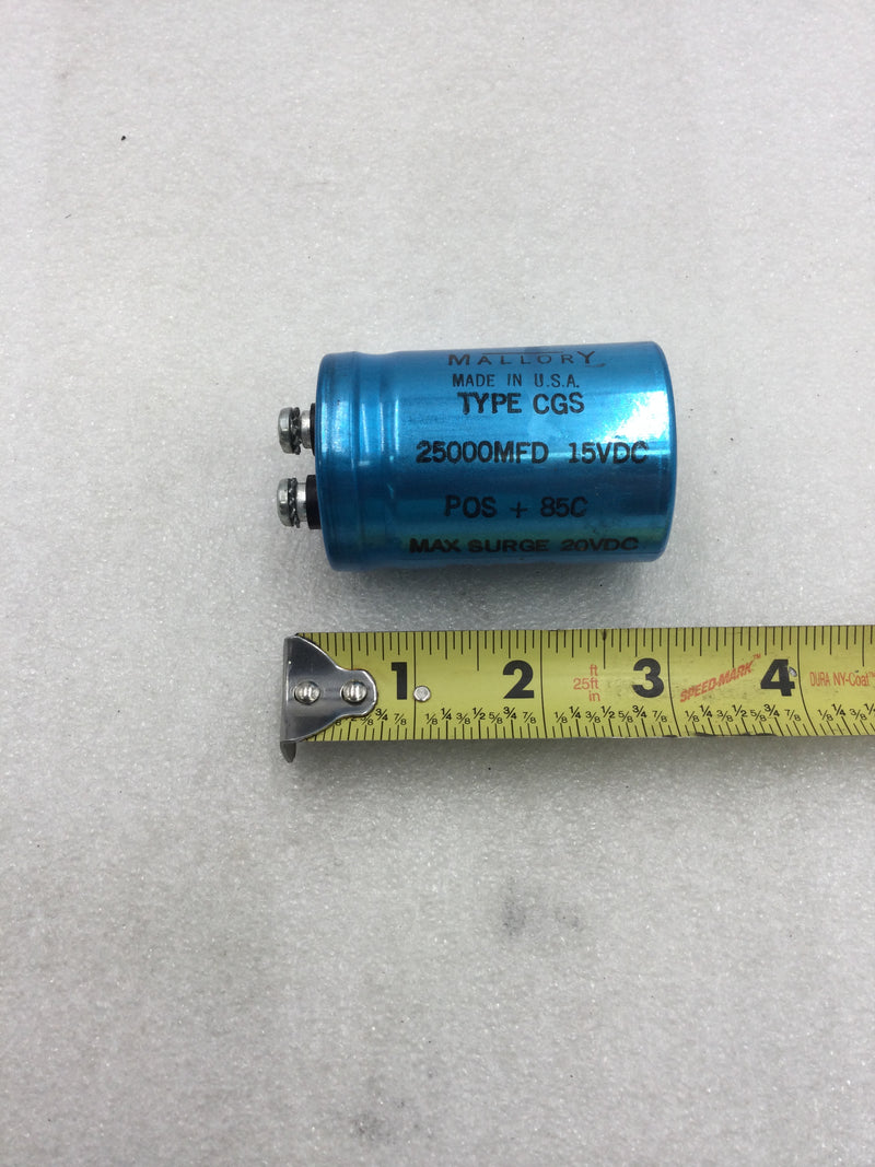 Mallory 235-7844K Type CGS 25000MFD 15 VDC POS + 85C Computer Grade Ca