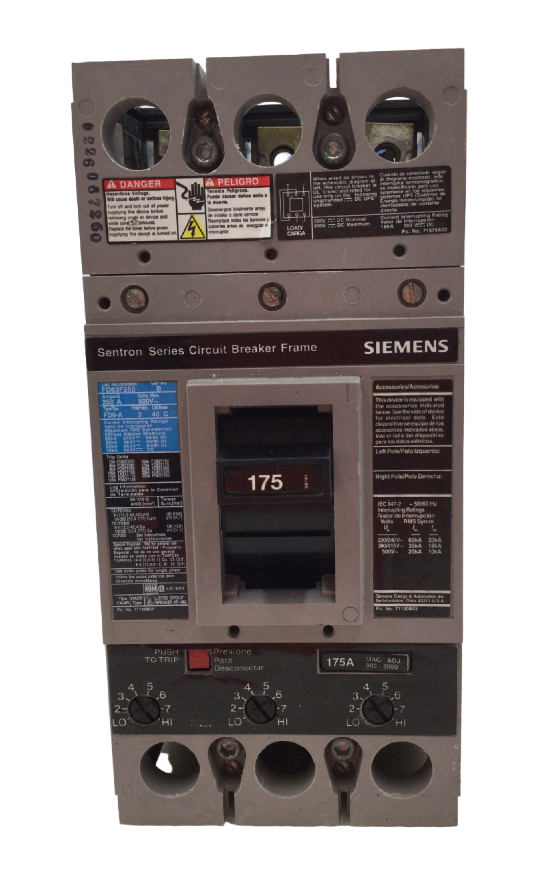 Siemens FD63F250 175 Amp 3 Pole 600V Series B Circuit Breaker w/ 175 A