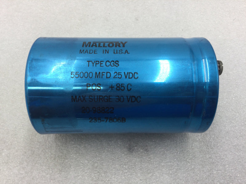 Mallory 235-7806B Type CGS 55000MFD 25 VDC POS + 85C Computer Grade Ca