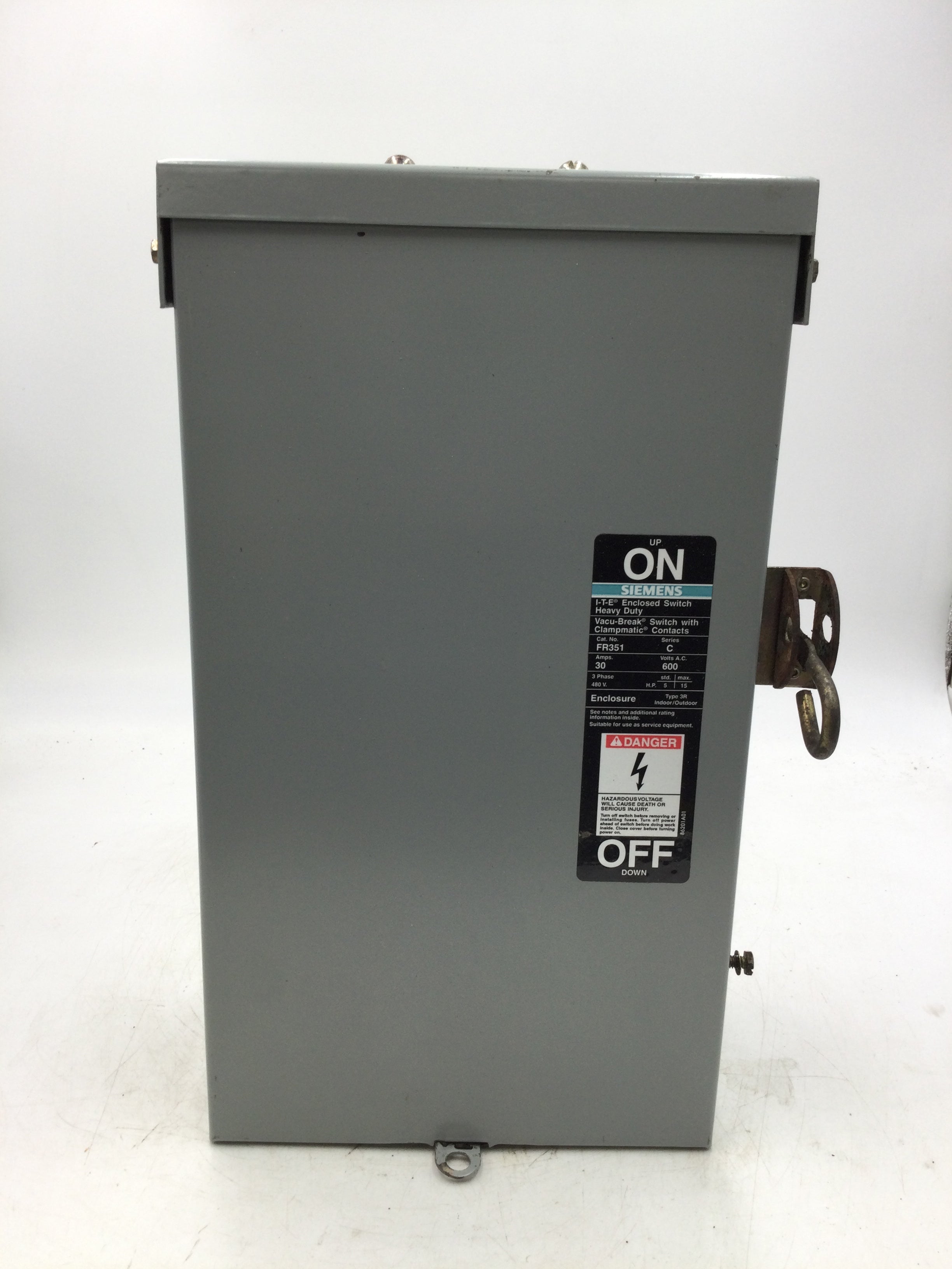 Siemens FR351 30 Amp 600Vac 3 Phase Nema 3R Heavy Duty Enclosed Switch